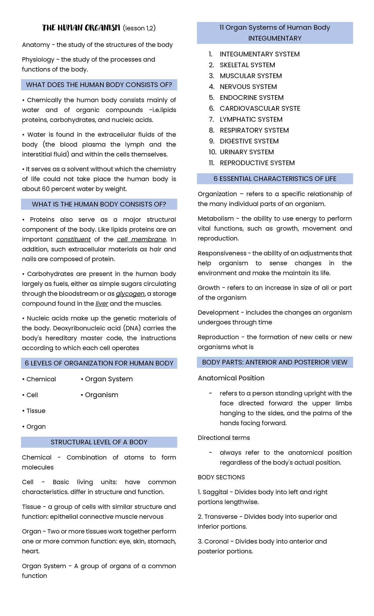 P1 - LECTURE NOTES - THE HUMAN ORGANISM (lesson 1,2) Anatomy - the ...
