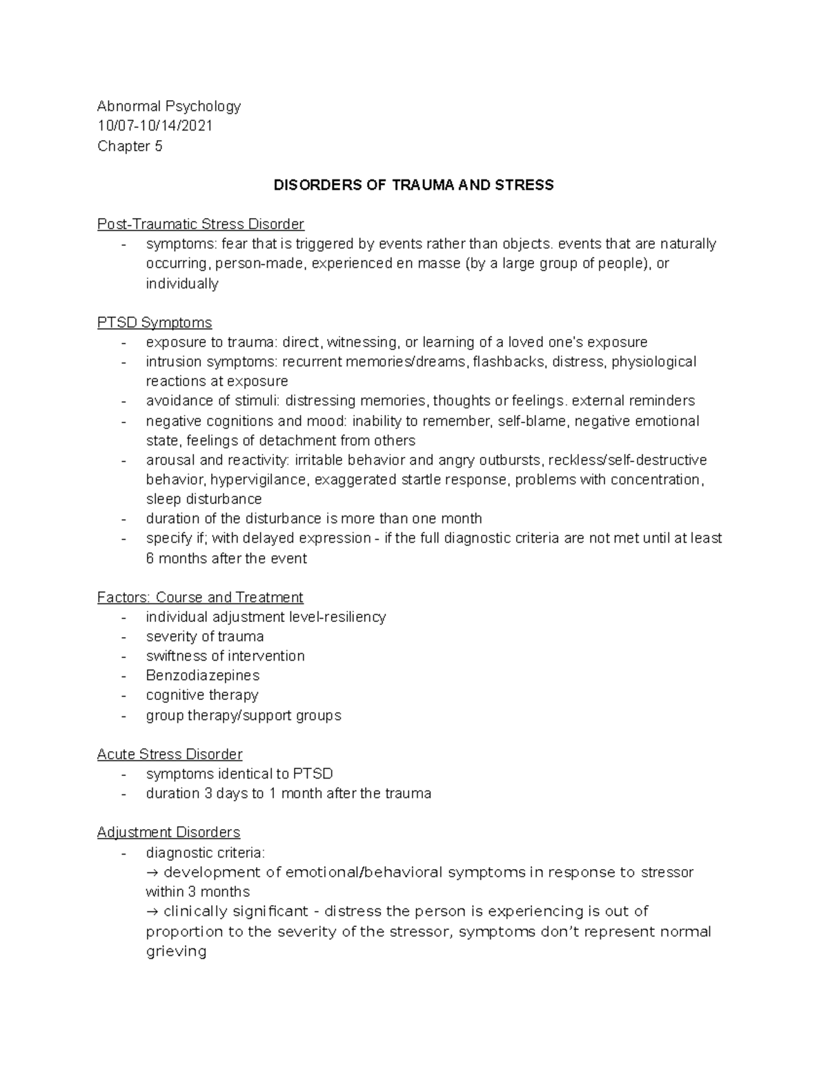 AP Notes 10 7-10 14 - Abnormal Psychology 10/07-10/14/ Chapter 5 ...
