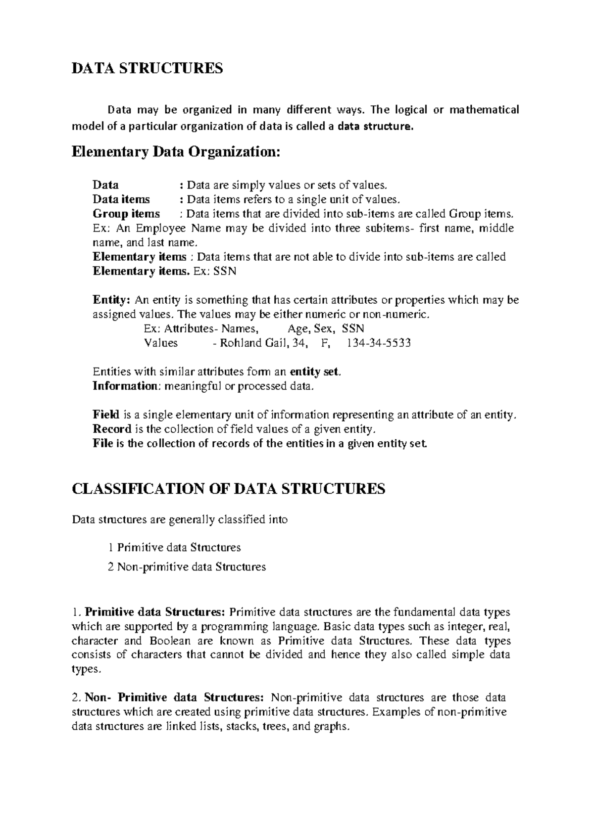 DATA Structure basics - DATA STRUCTURES Data may be organized in many different ways. The ...