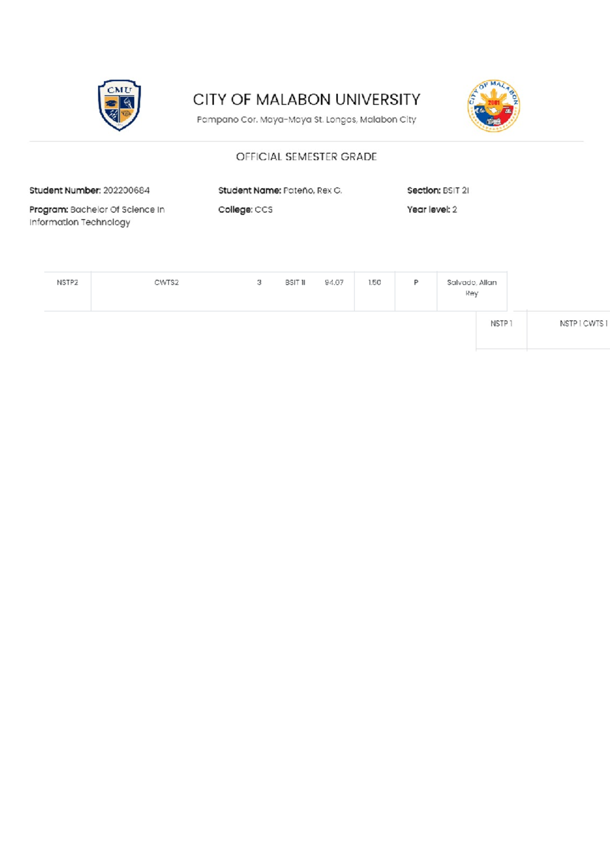 Grade about NSTP - Information Technology - Studocu