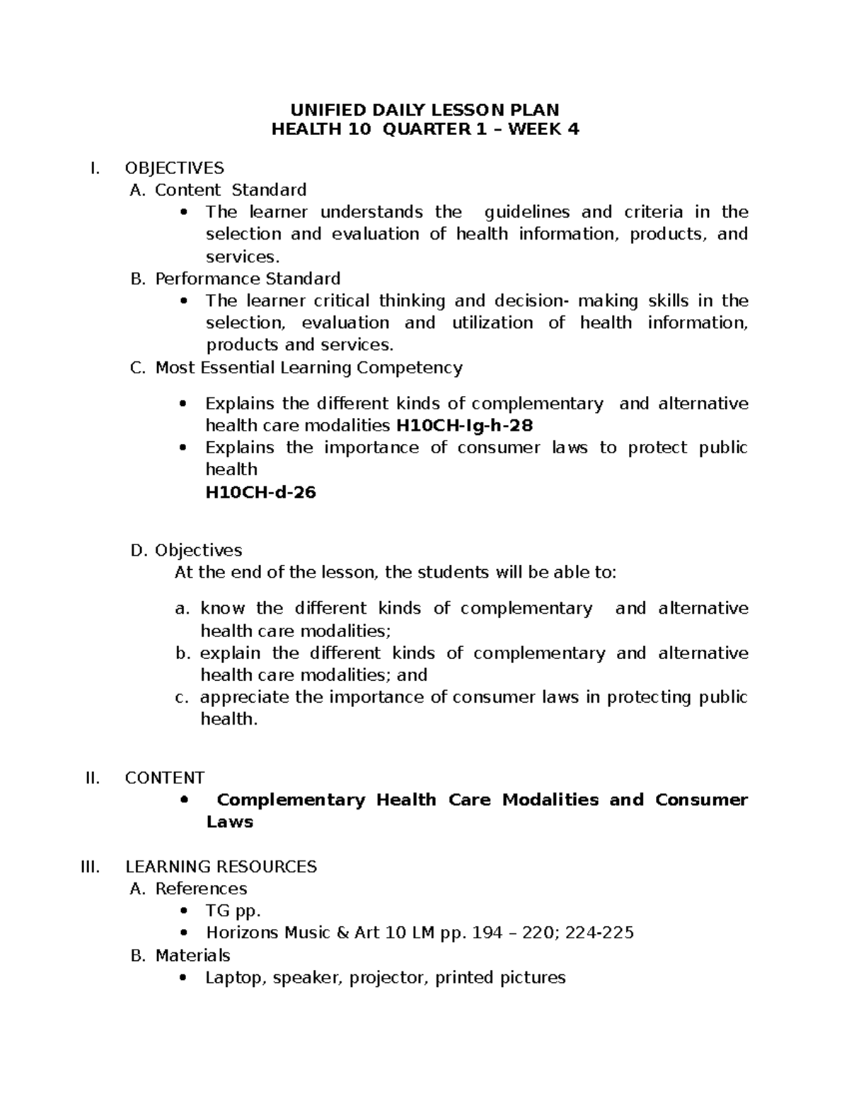 Health 10, Quarter 1 Week 4 DAY 4 - gre - UNIFIED DAILY LESSON PLAN ...