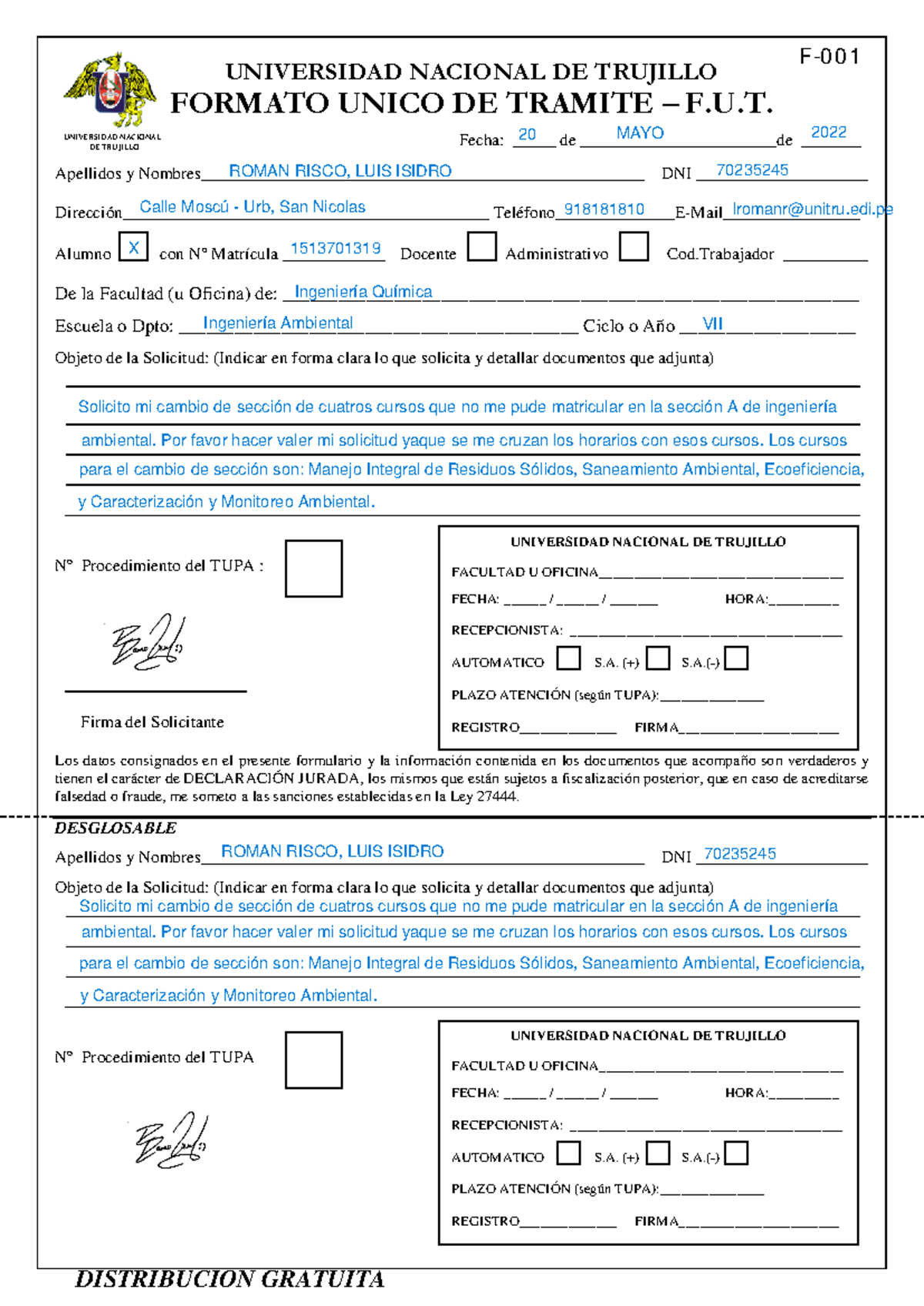F-001 FUT c - Fecha: _____ de _______________________de _______ Apellidos y - Studocu