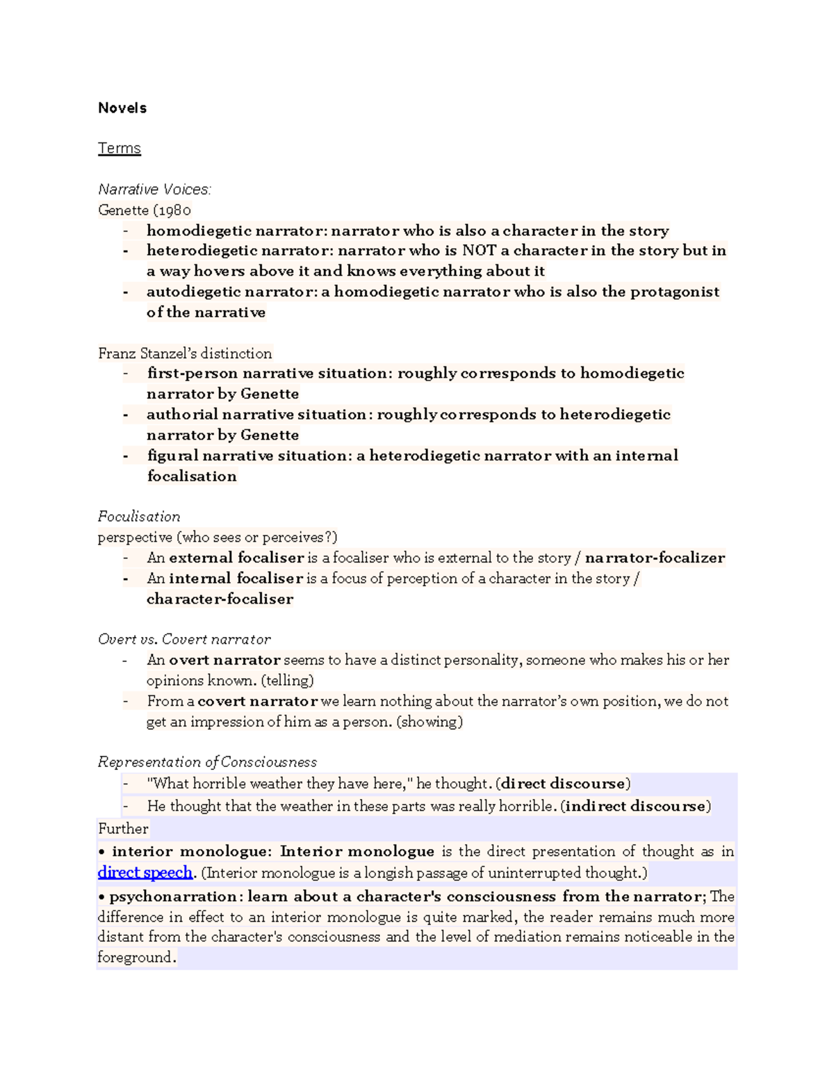 FA Zusammenfassung - Amerikanistik - Novels Terms Narrative Voices ...