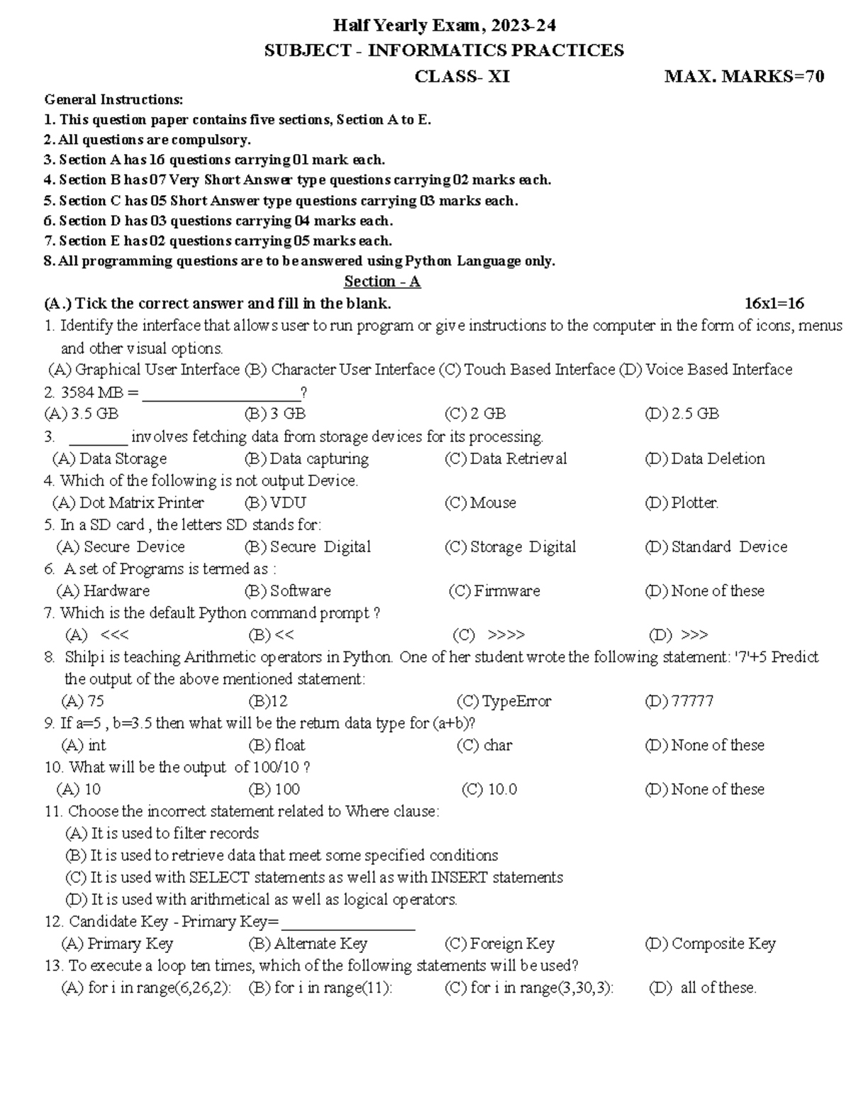 Class 11 HY - Half Yearly Exam, 2023- SUBJECT - INFORMATICS PRACTICES ...