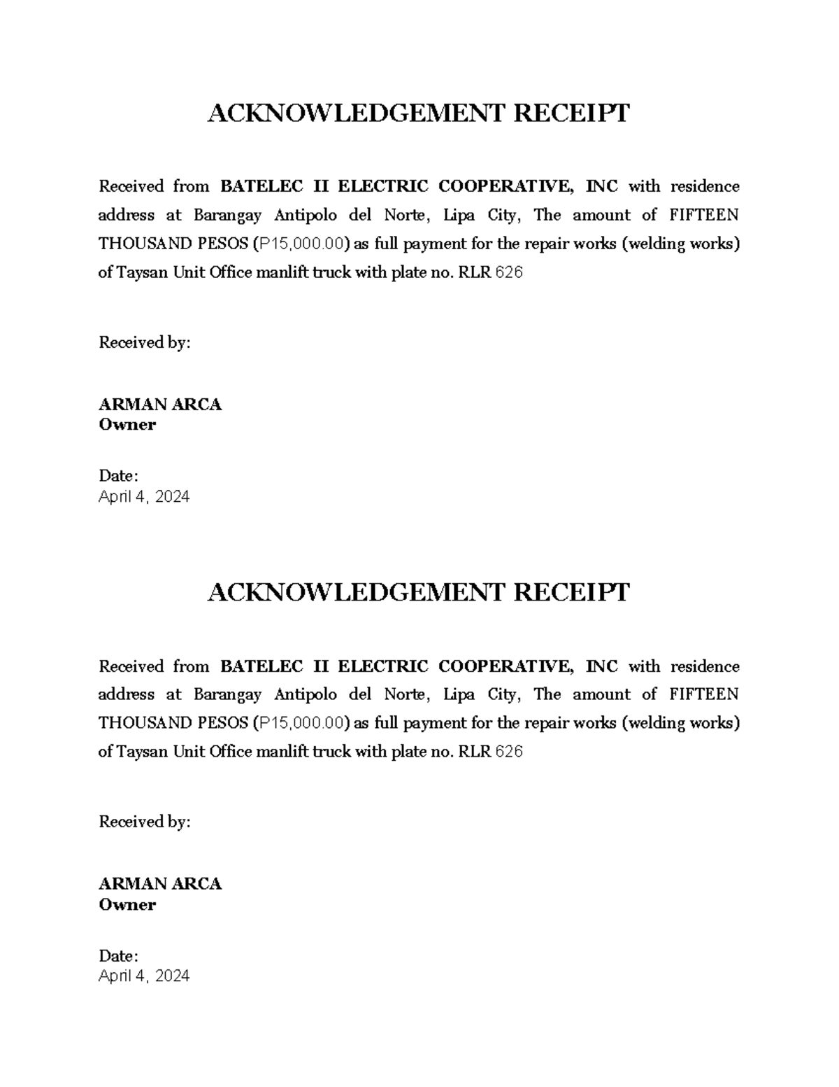 Acknowledgement Receipt - ACKNOWLEDGEMENT RECEIPT Received from BATELEC ...