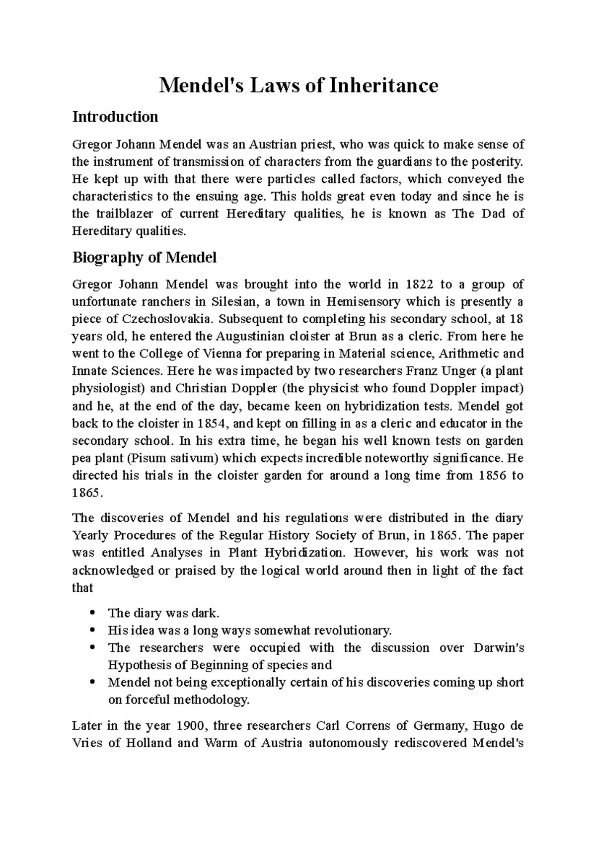 Mendels Laws of Inheritance - Mendel's Laws of Inheritance Introduction ...