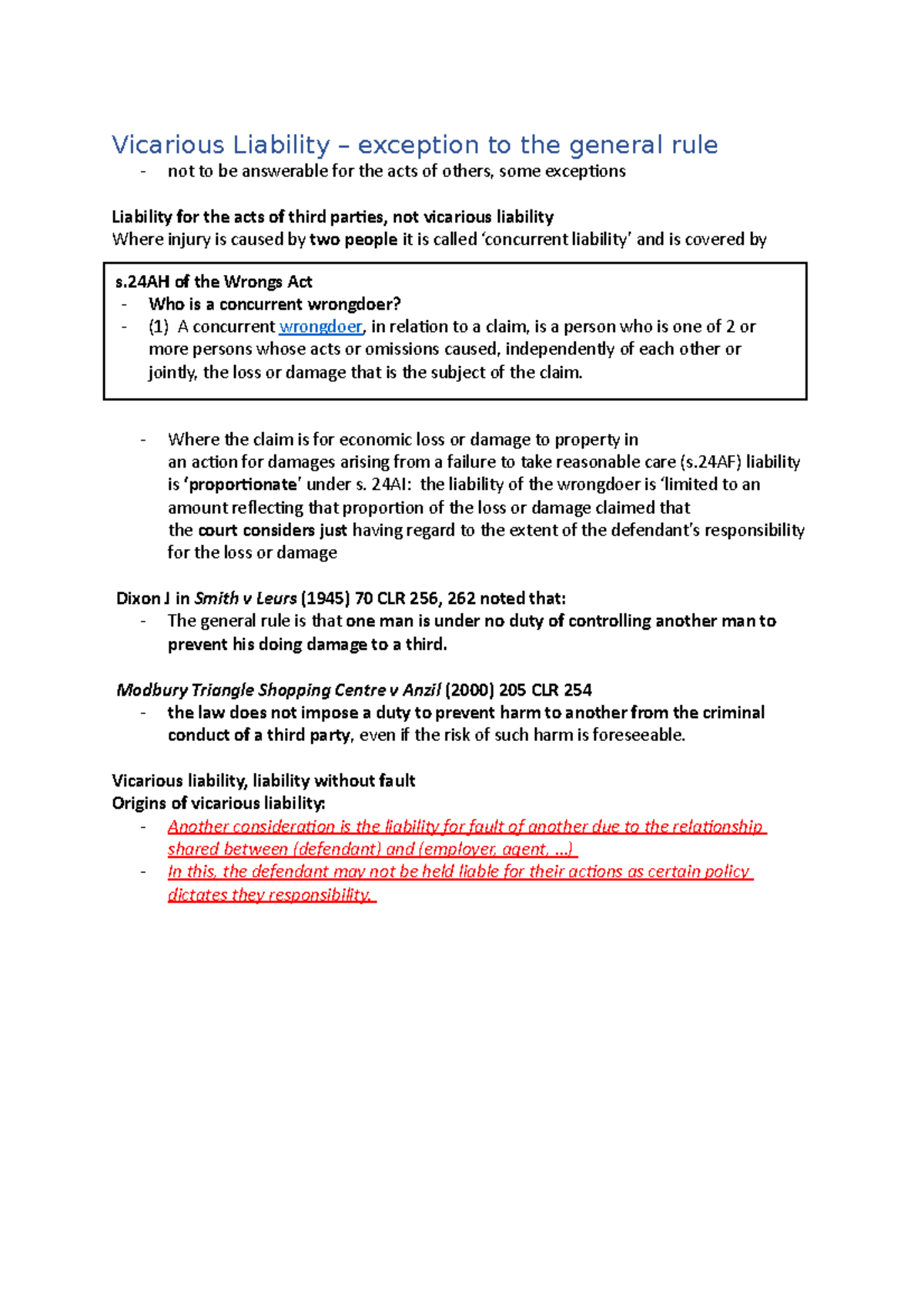 Vicarious Liability - negligence - Vicarious Liability – exception to ...