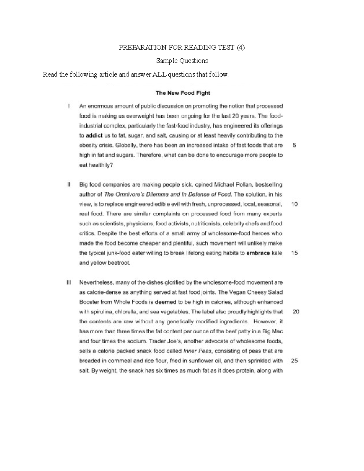 Preparation FOR Reading TEST - PREPARATION FOR READING TEST (4) Sample ...