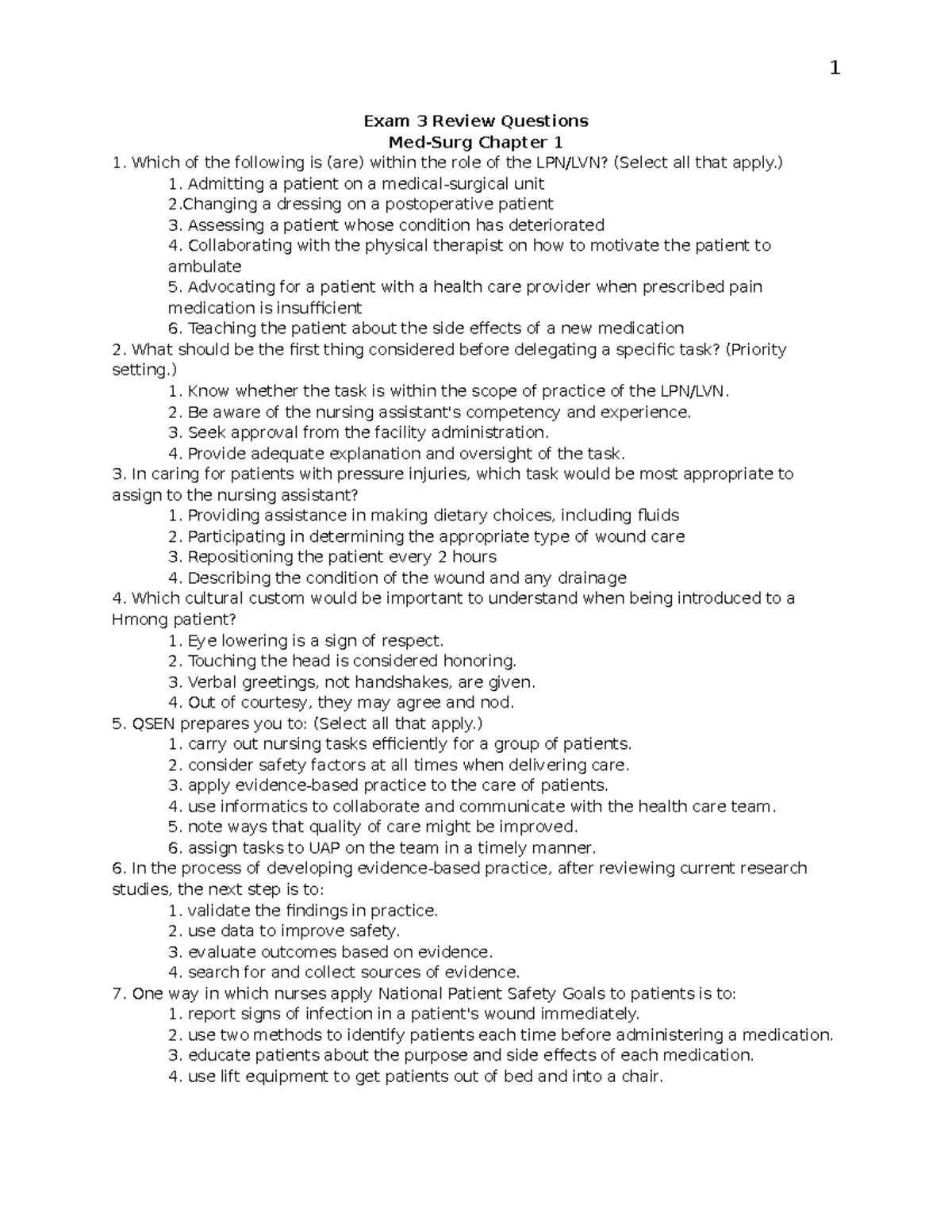CCC4 Exam 3 - test review - Exam 3 Review Questions Med-Surg Chapter 1 ...