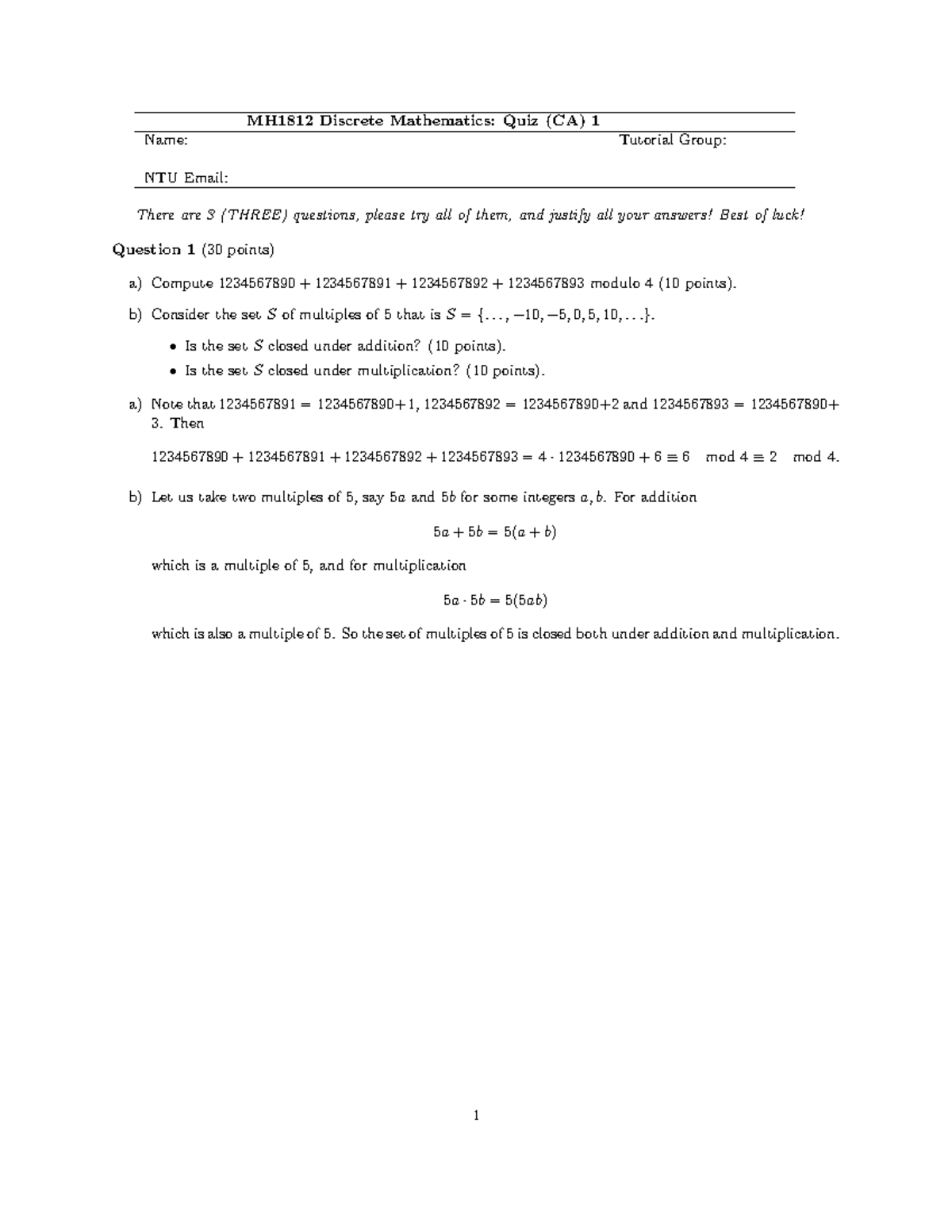 CA1-16 - CA1-16 - MH1812 Discrete Mathematics: Quiz (CA) 1 Name: Tutorial Group: NTU Email ...