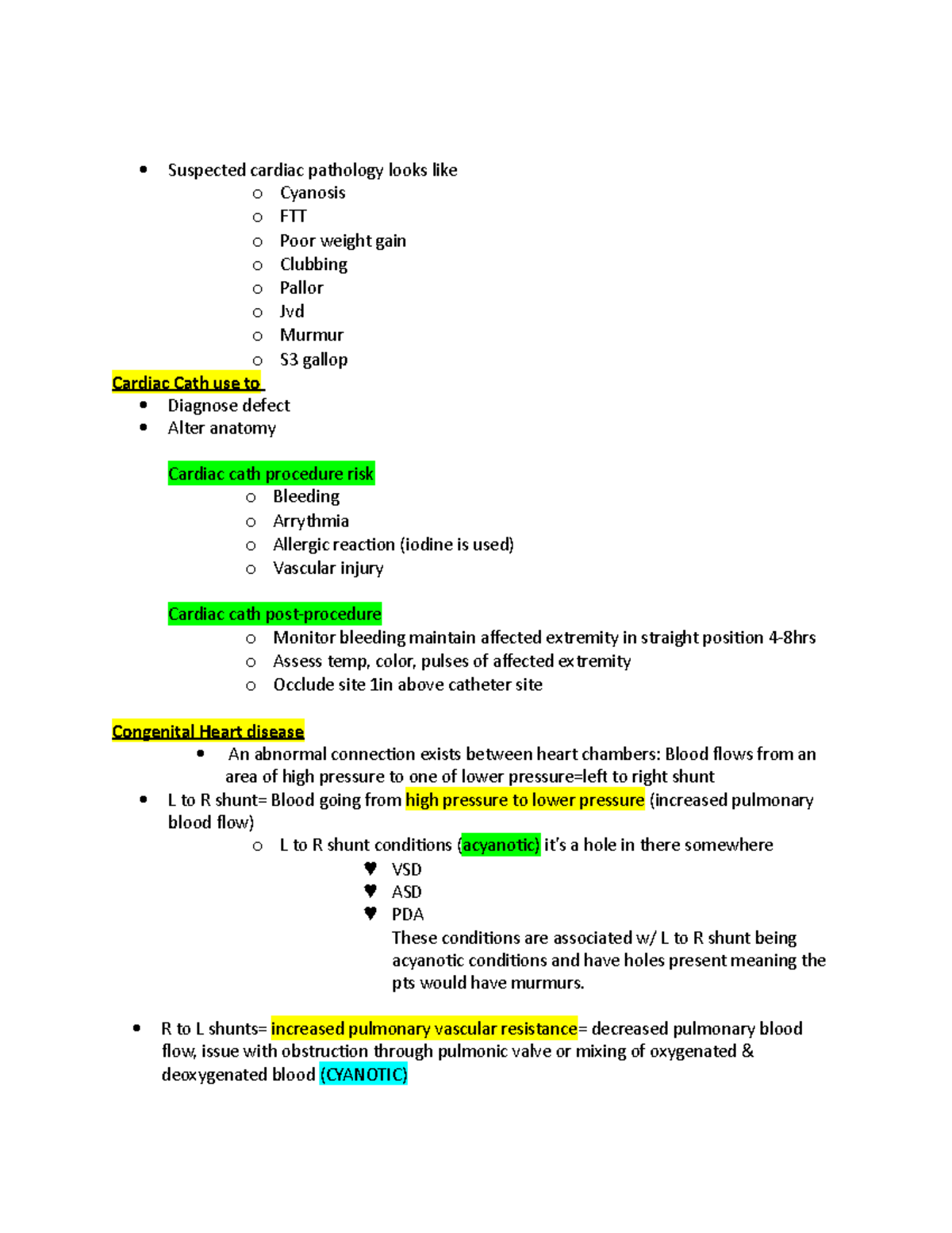 Peds 4 - pediatric cardiac and hematology notes for final - Suspected ...