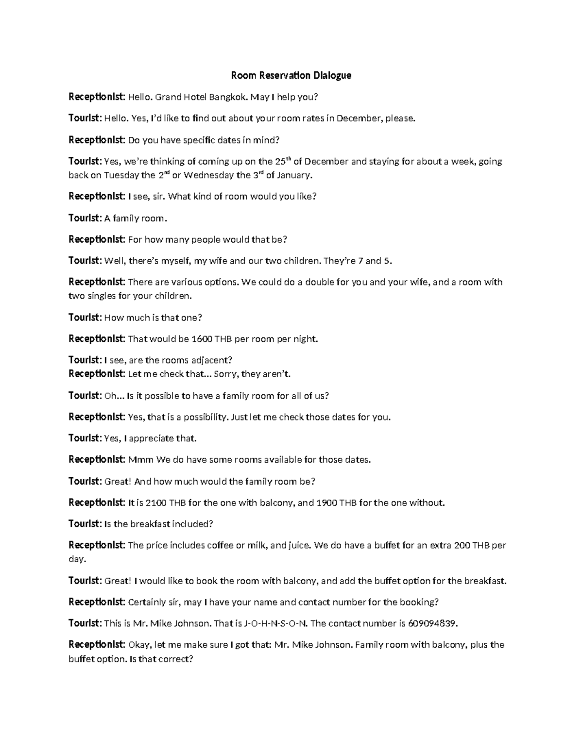 Room Reservation Dialogue - Room Reservation Dialogue Receptionist ...