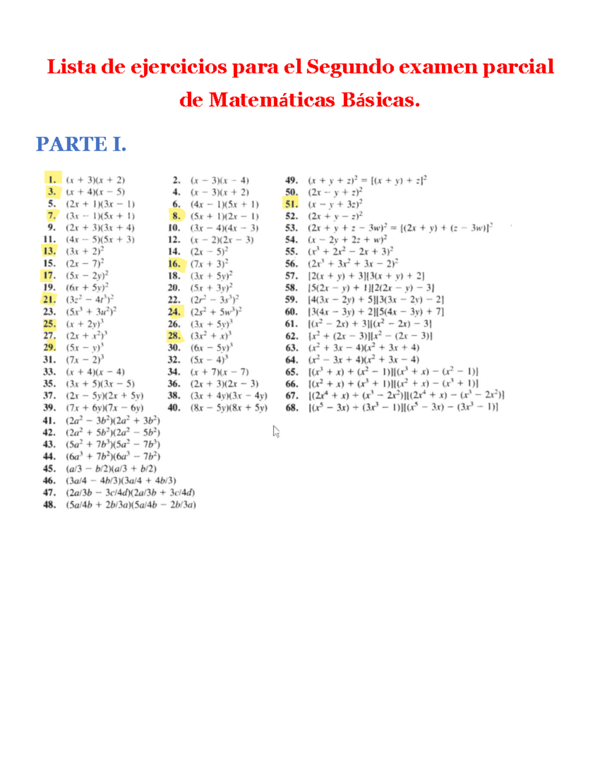 Lista de ejercicios para segundo examen parcial de Matemáticas Básicas Noviembre 2023 - Studocu