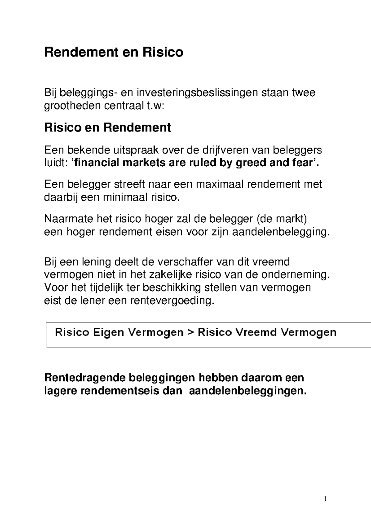 Samenvatting rendement en risico - Rendement en Risico Bij beleggings ...