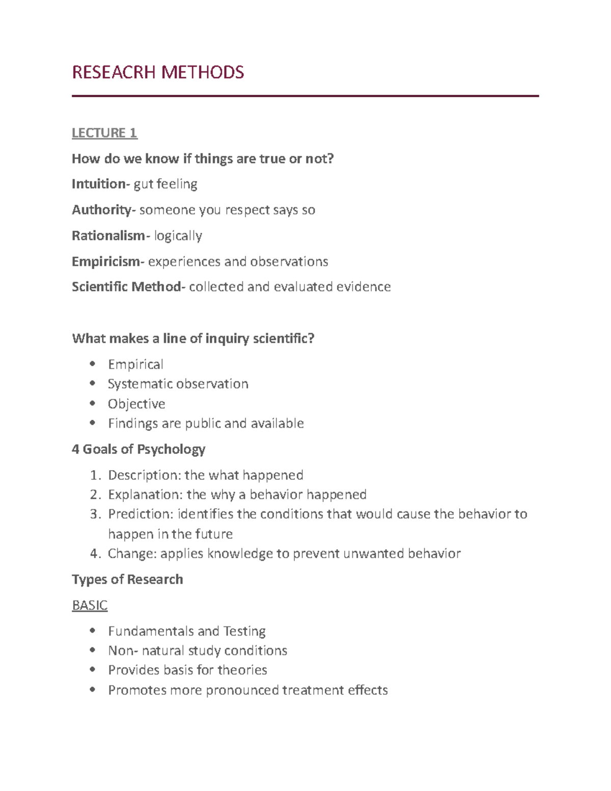 Research Methods Lec 1 Notes - RESEACRH METHODS LECTURE 1 How do we ...