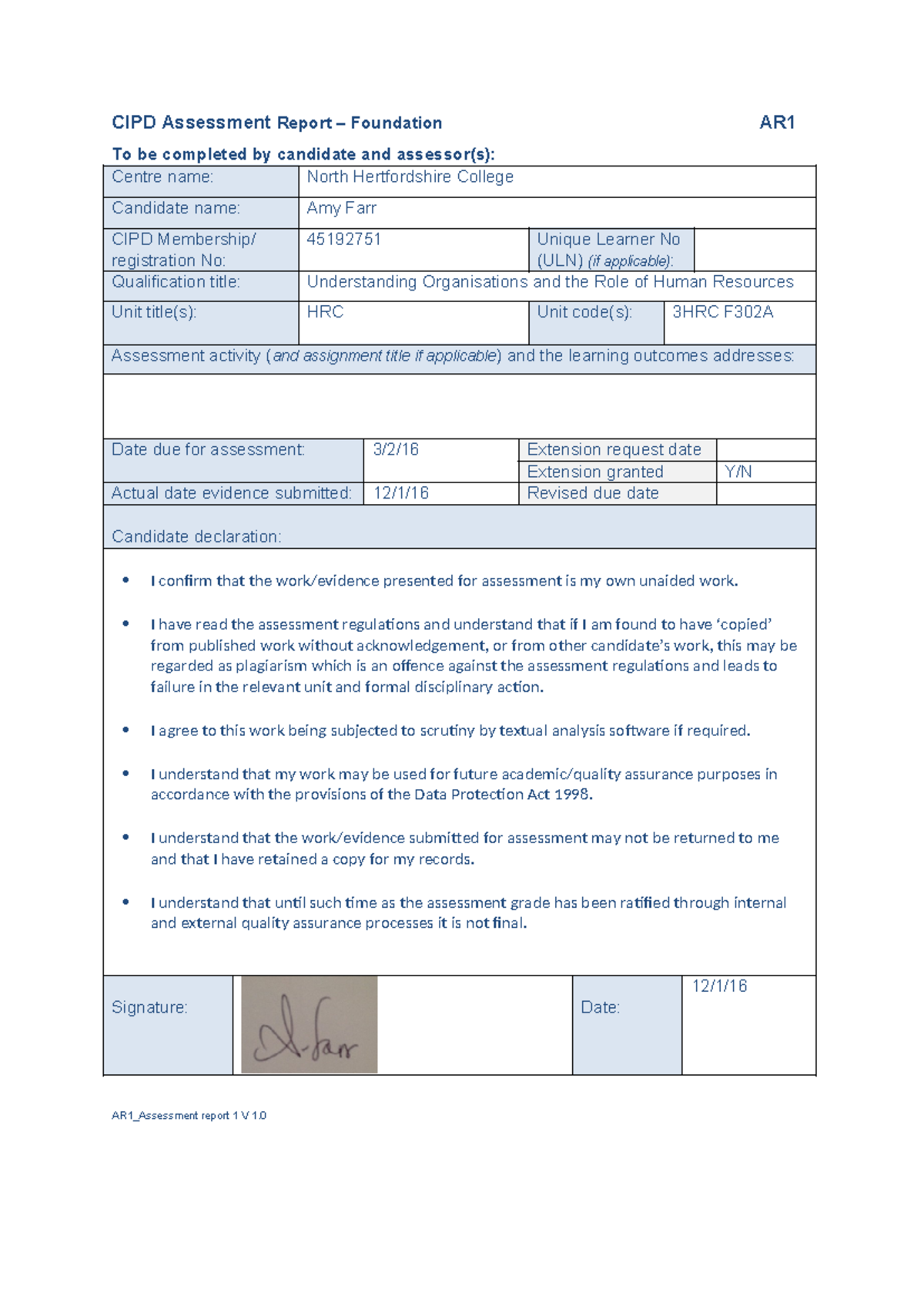 Assessment HRC Amy Farr - CIPD Assessment Report – Foundation AR To be ...
