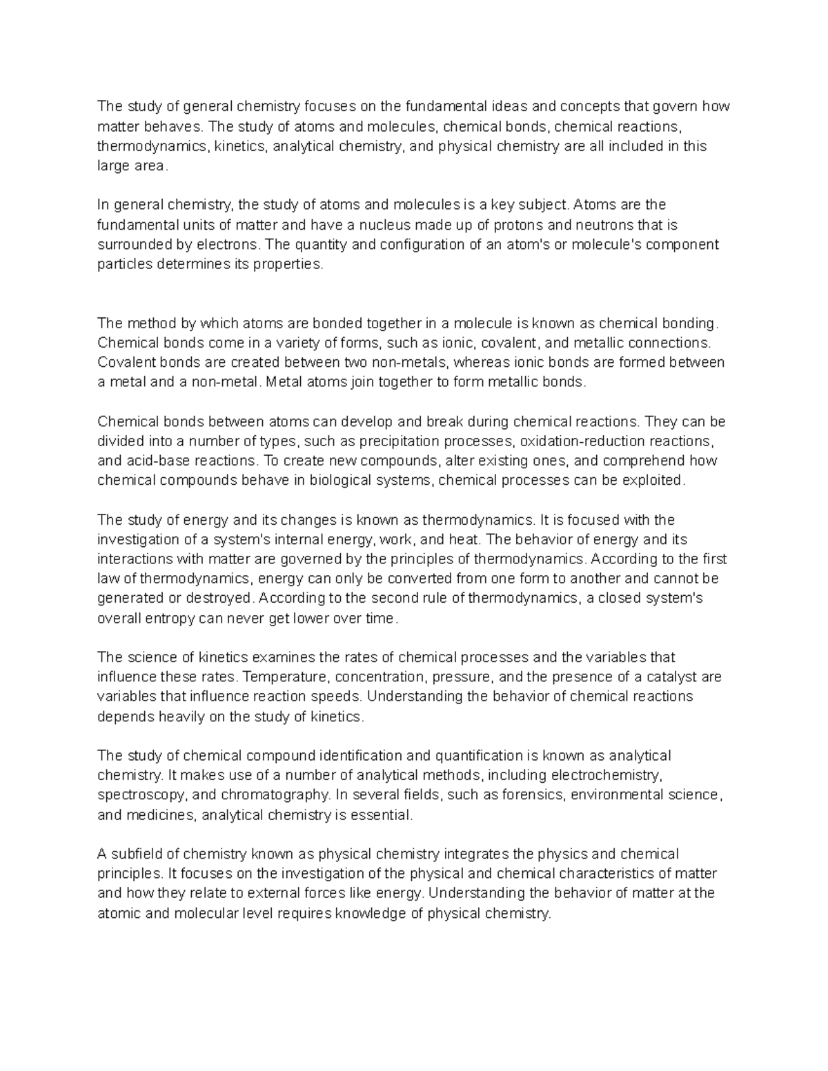 Notes on General Chemistry - The study of general chemistry focuses on ...