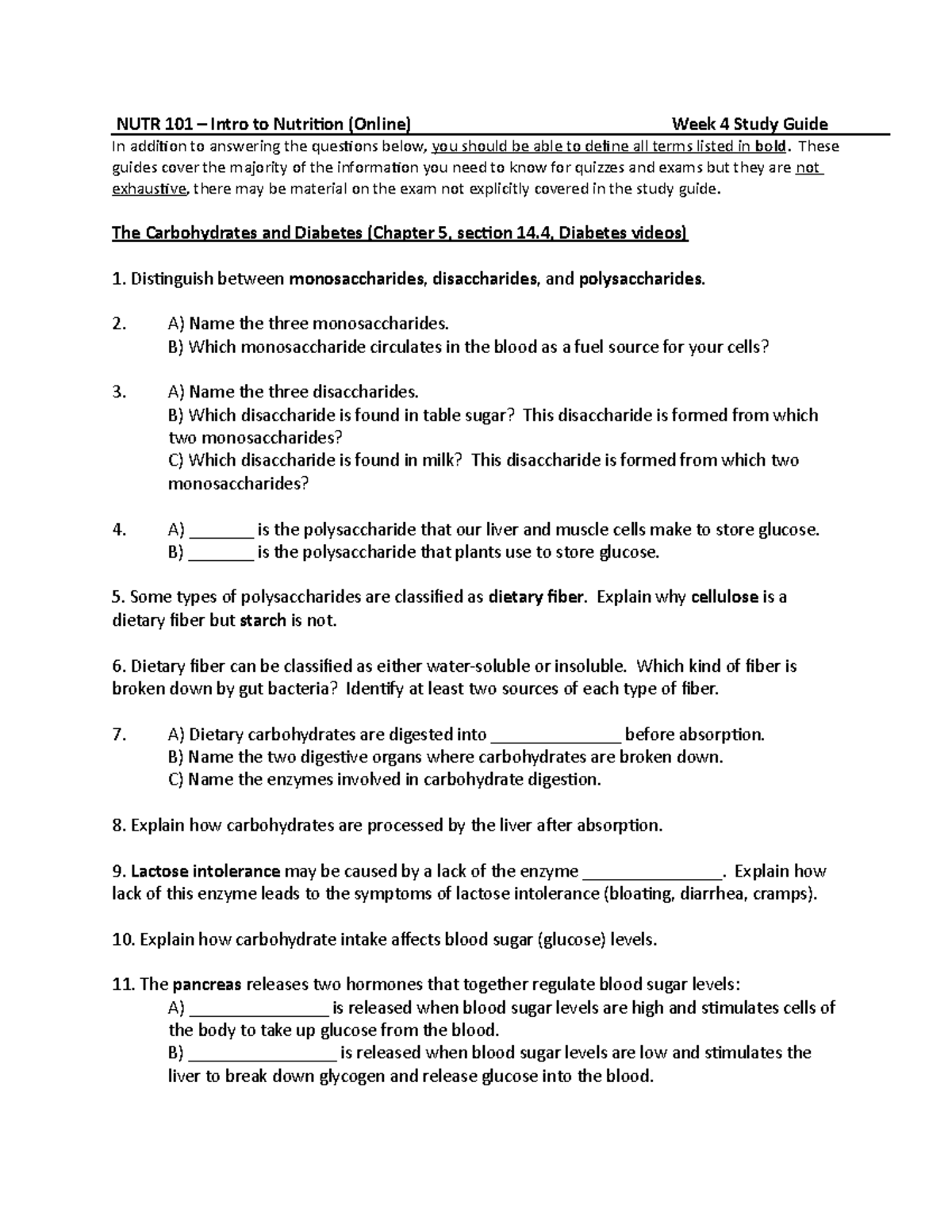 Week 4 Study Guide Nutr101h Win23 - NUTR 101 – Intro to Nutrition ...