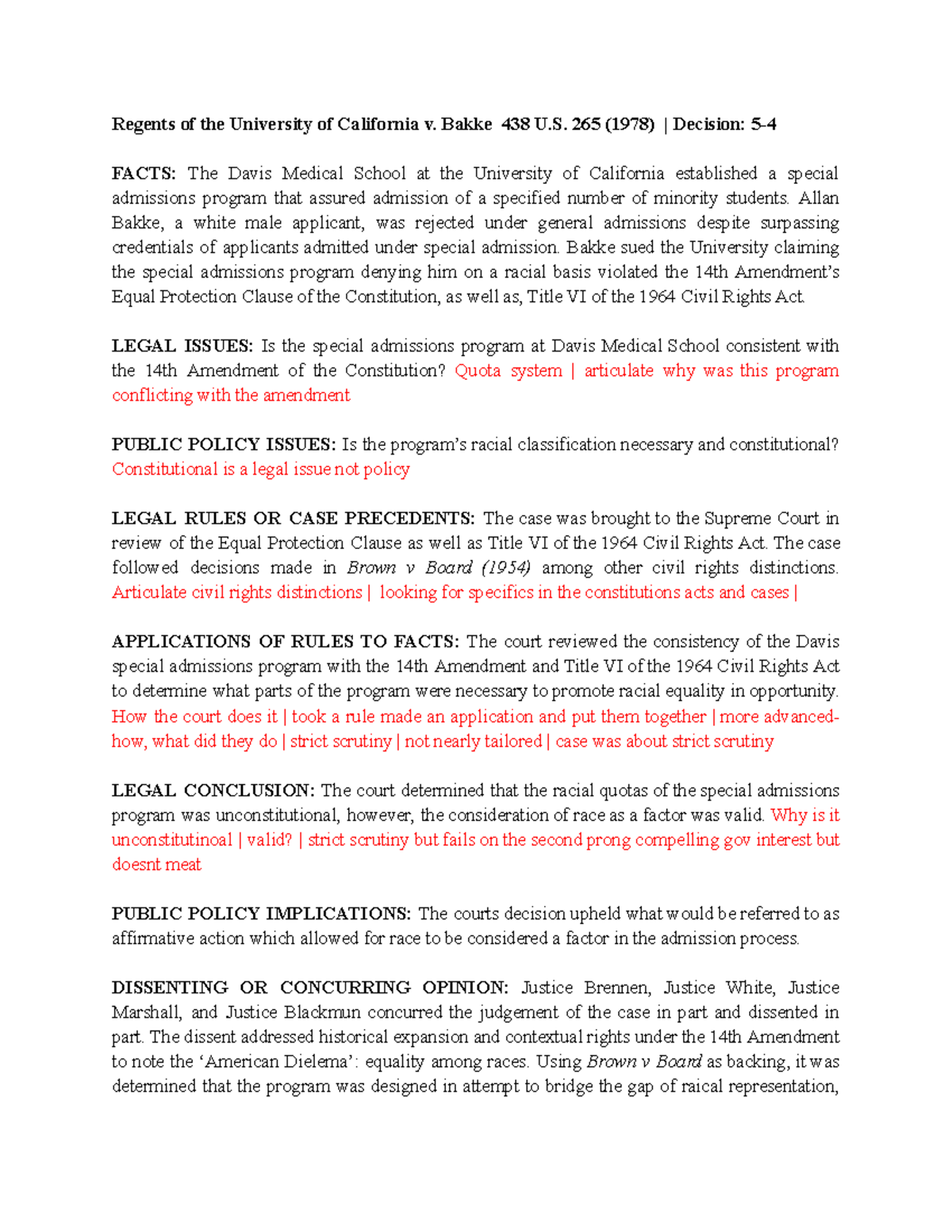 Regents of the University of California v. Bakke Case Brief - Regents ...