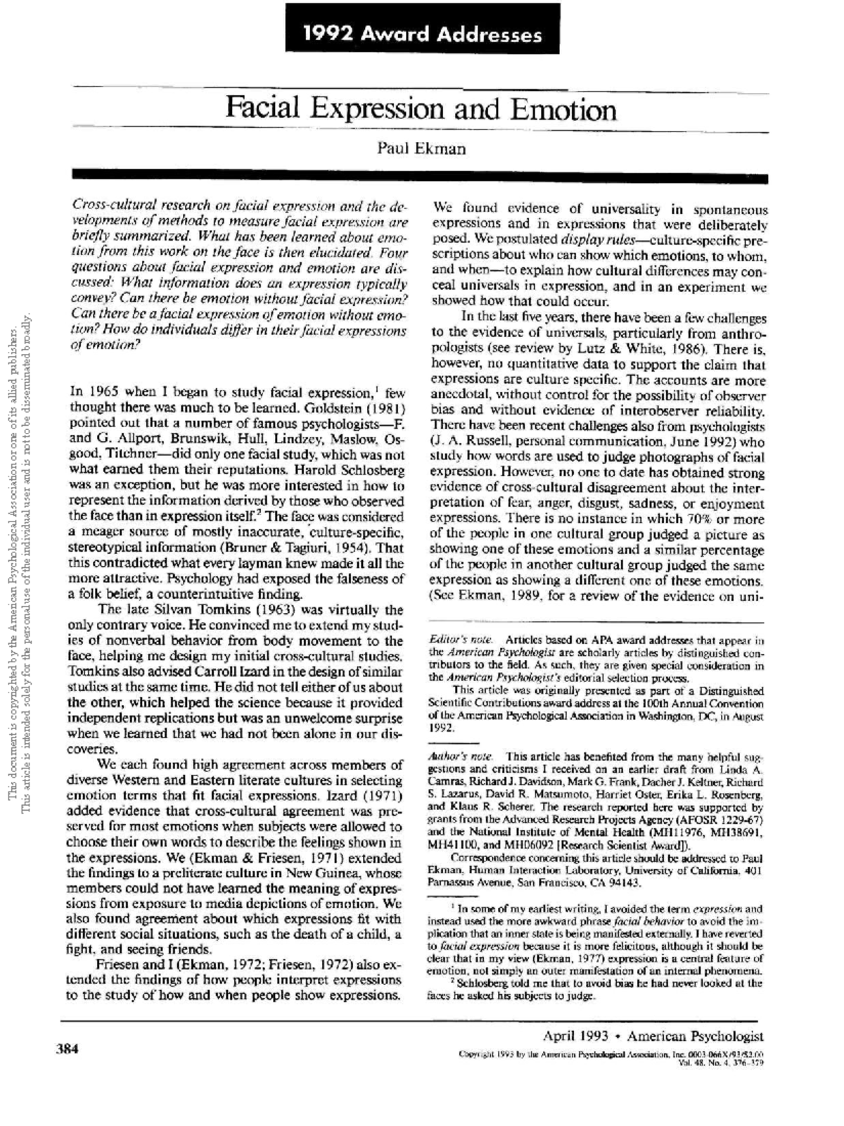 Ekman, P. (1993) Facial Expressions and emotion. American Psychologist ...