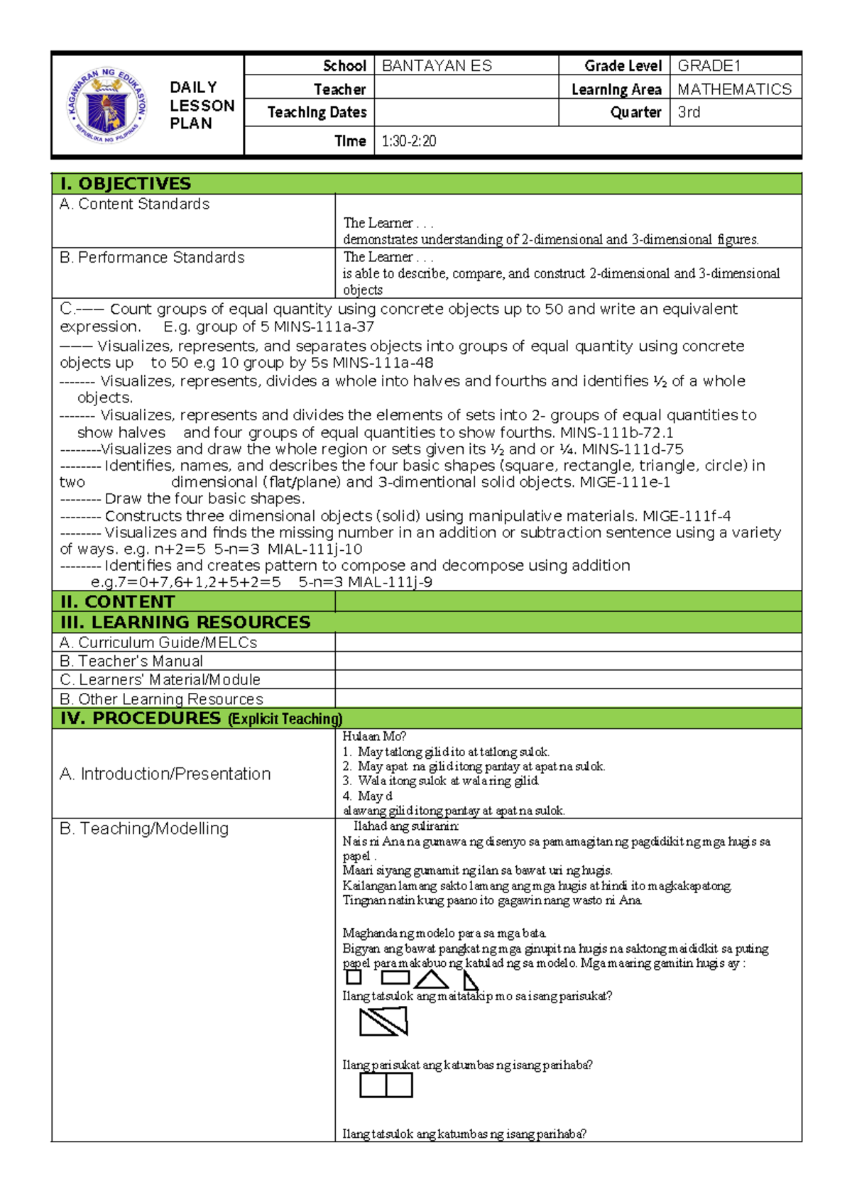 DLP March 15 - DAILY LESSON PLAN School BANTAYAN ES Grade Level GRADE ...