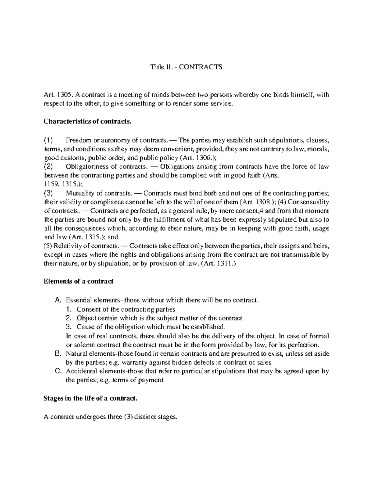 Consent - Title II. - CONTRACTS Art. 1305. A contract is a meeting of ...