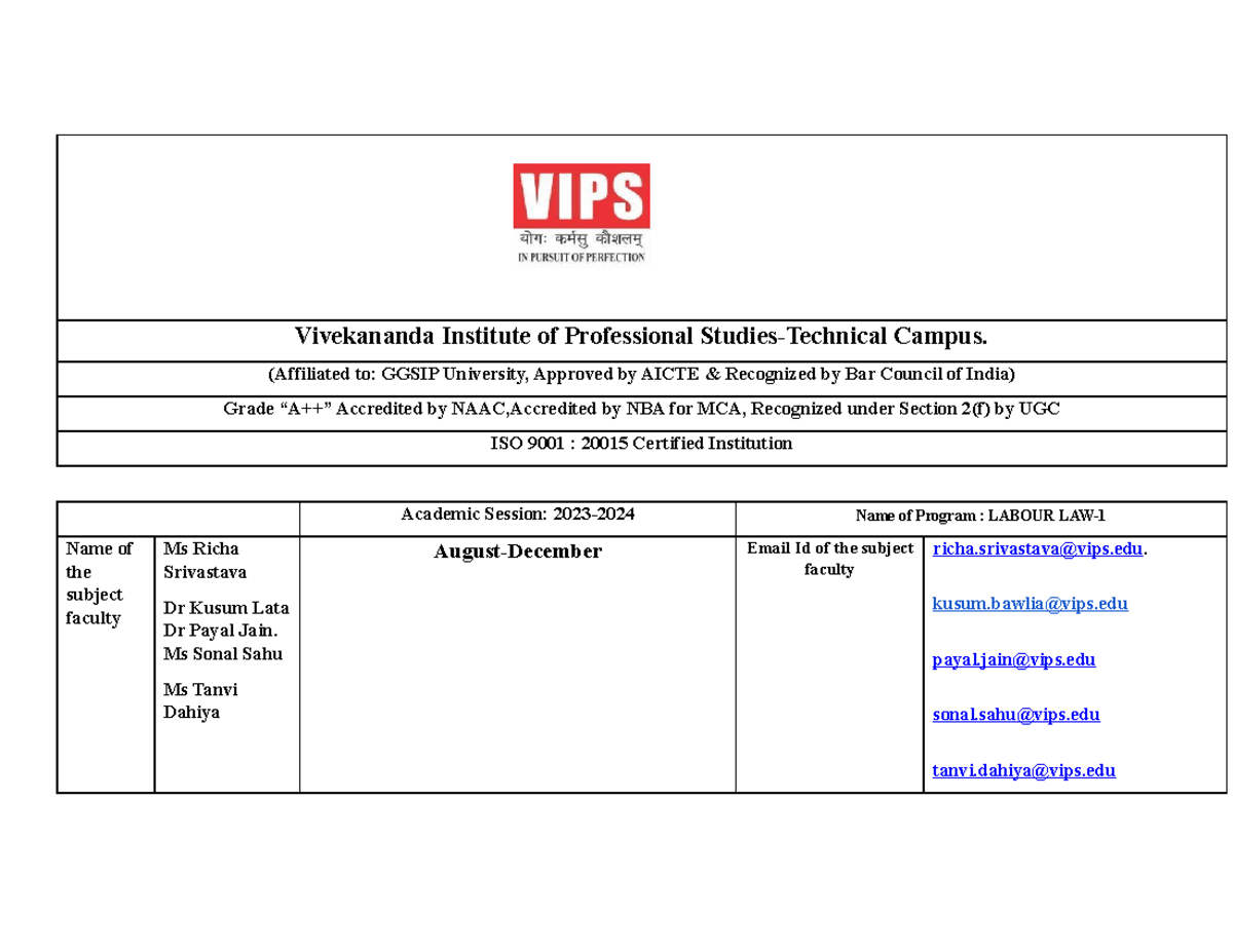 Labour LAW-1 Lesson Plan BA.LLB 2023 - Vivekananda Institute of ...