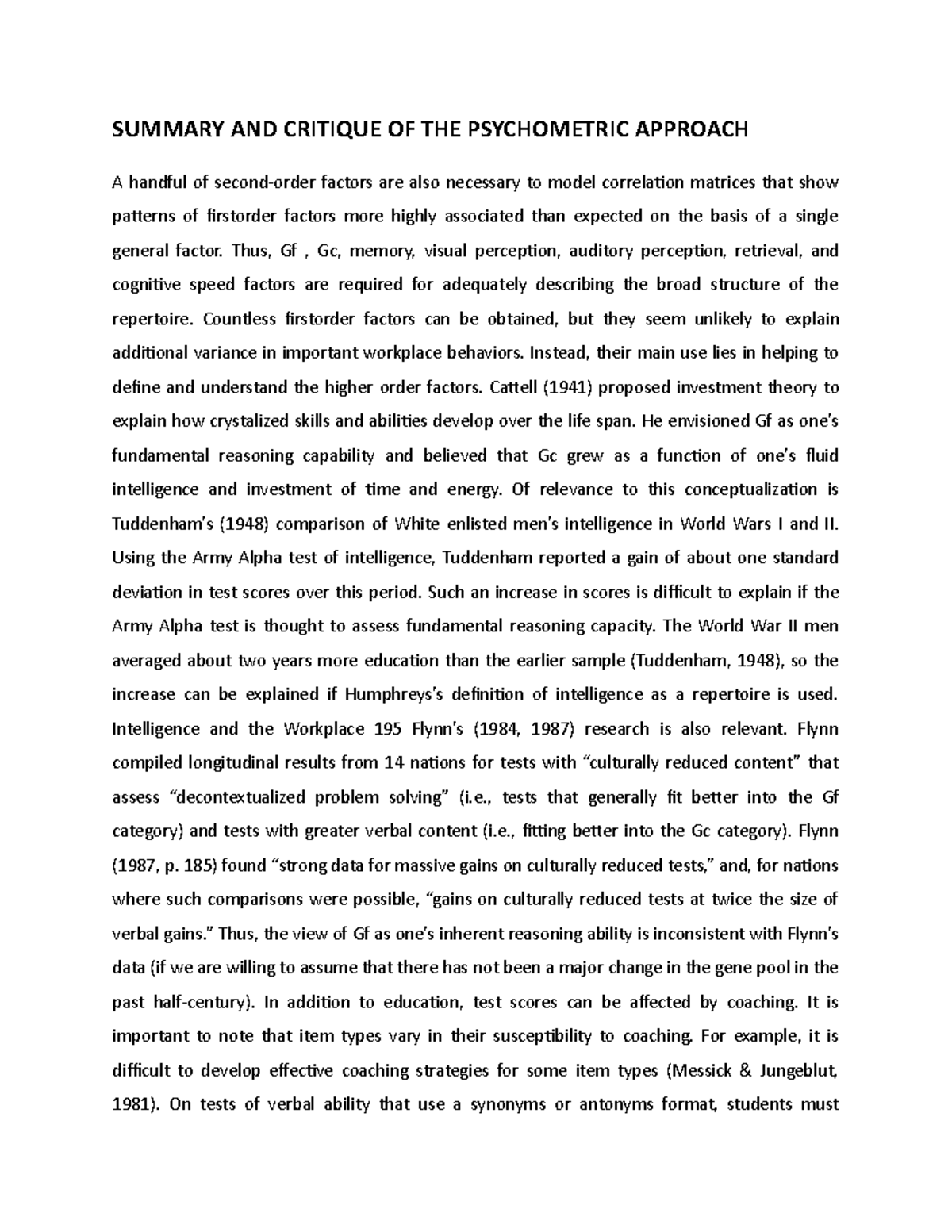 Summary And Critique Of The Psychometric Approach Summary And Critique Of The Psychometric