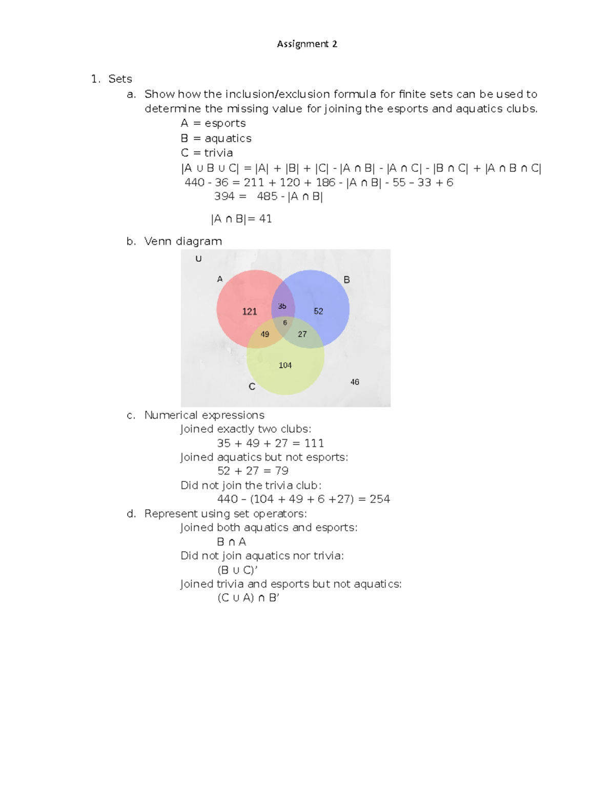 A2 Logics - Sets a. Show how the inclusion/exclusion formula for finite ...