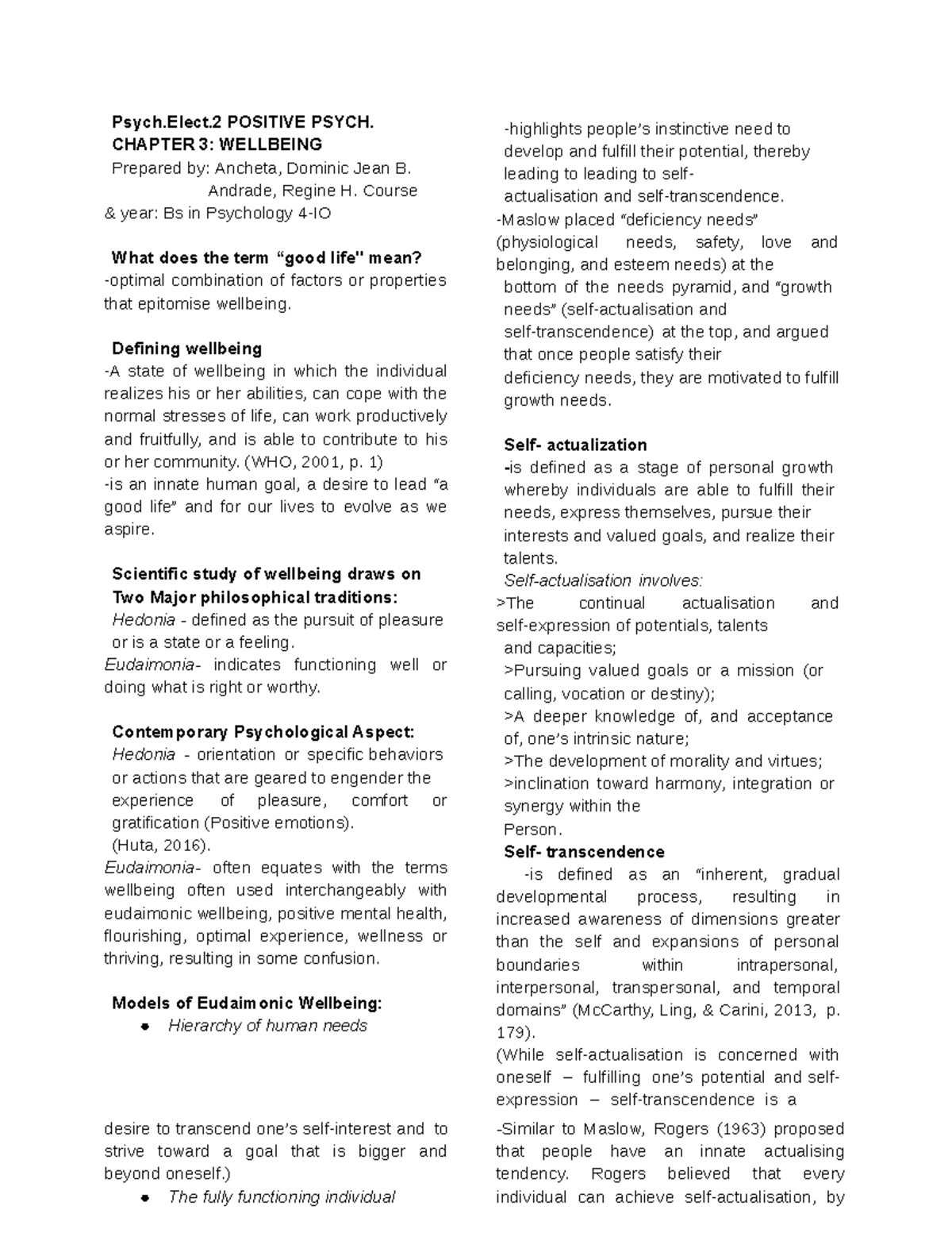 Wellbeing-Handout - n/a - Psych.Elect POSITIVE PSYCH. CHAPTER 3 ...
