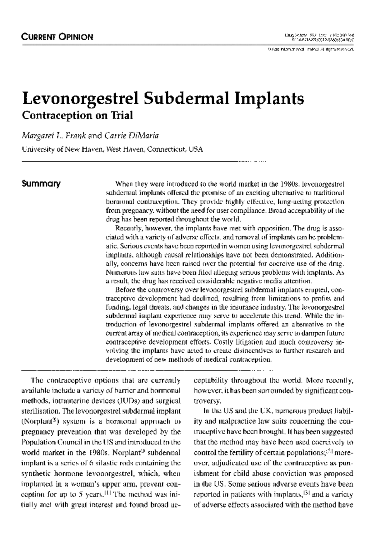 Levonorgestrel Subdermal Implants - CURRENT OPINION Drug Safety 1997 01 ...