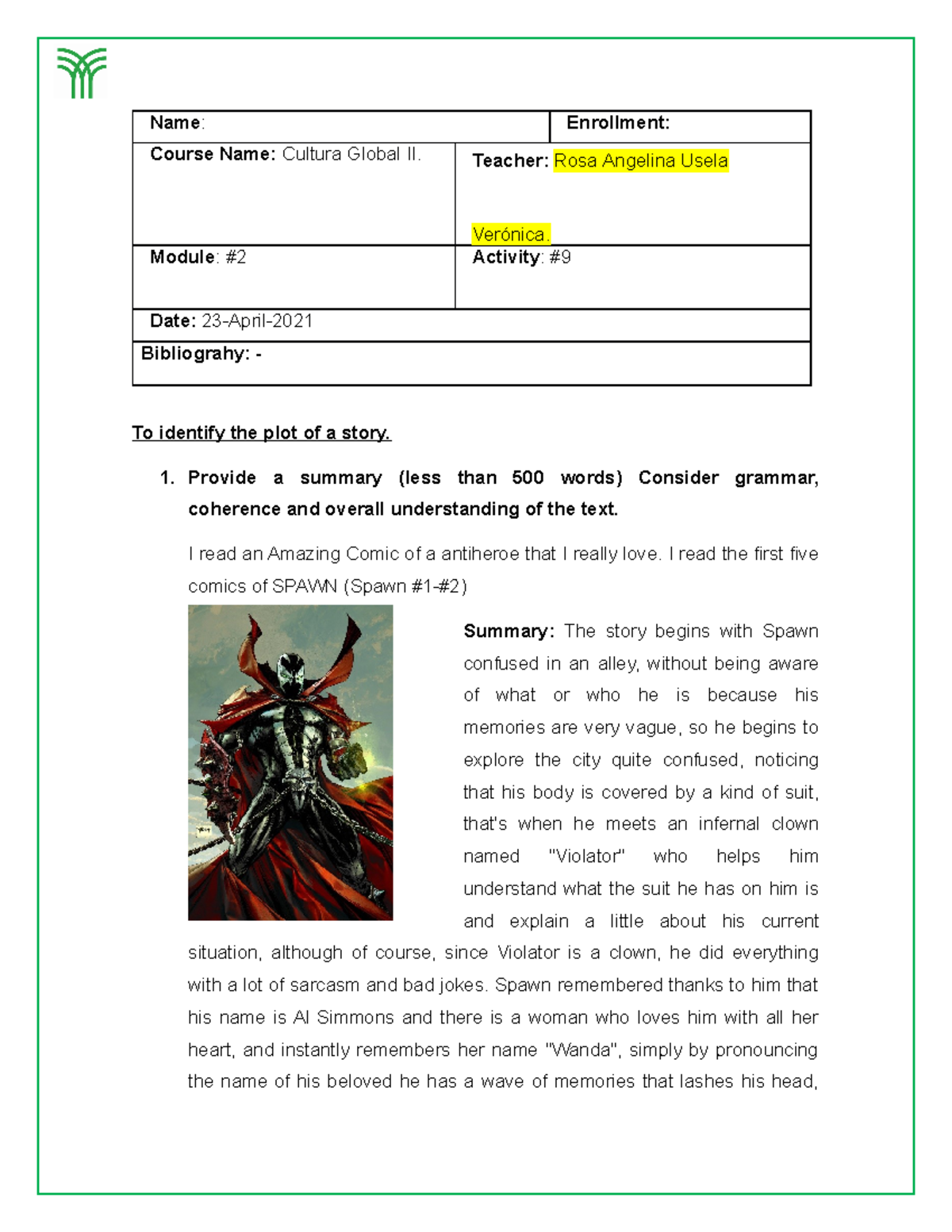 Activity 9 Global Culture - Name : Enrollment: Course Name: Cultura ...