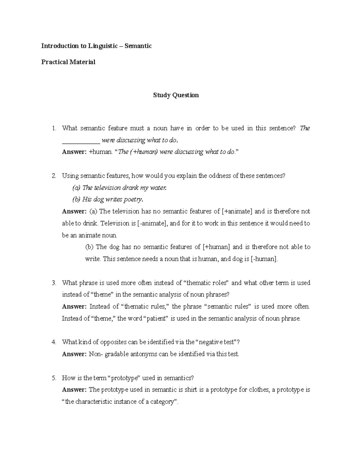 Practical Material - Semantic - Introduction to Linguistic – Semantic Practical Material Study ...