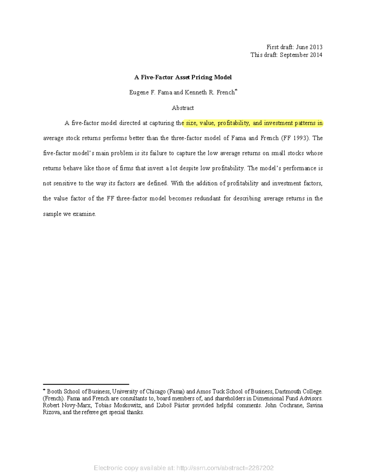 Fama-French 5 Factor Model - Highlighted - First draft: June 2013 This ...