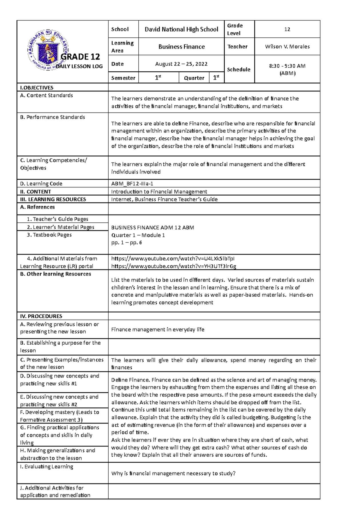 Week 1 - week 1 - GRADE 12 DAILY LESSON LOG School David National High ...