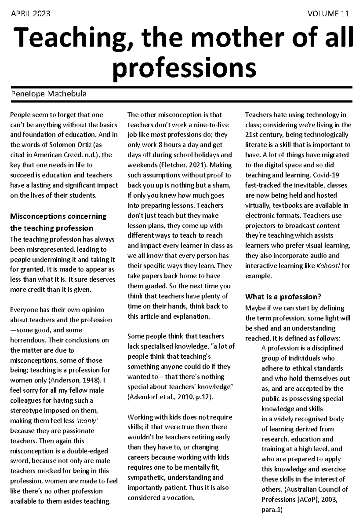 Teaching as a Profession article - Teaching, the mother of all ...