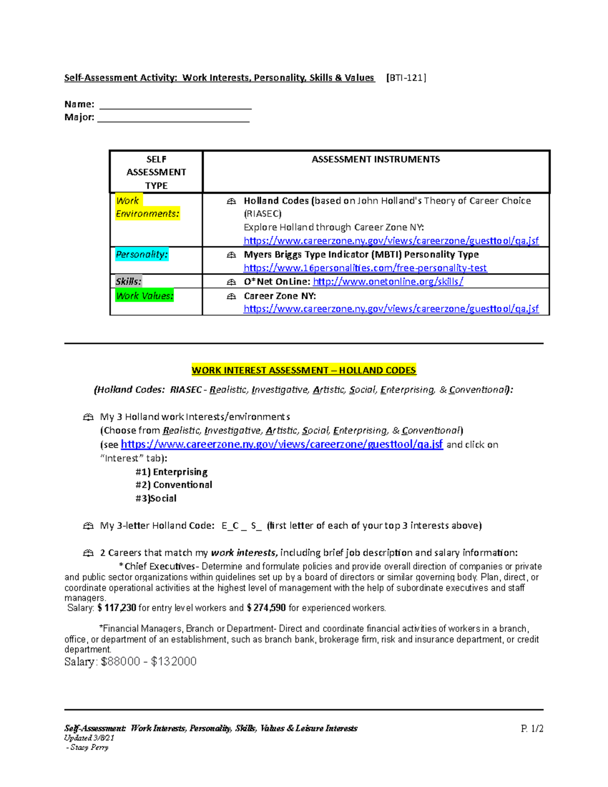 Self-Assessment Worksheet 3 - Self-Assessment Activity: Work Interests ...