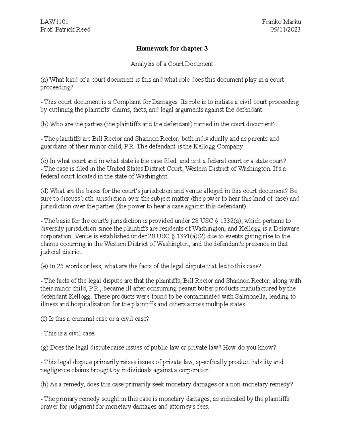 Homework for Chapter 3 - LAW1101 Franko Marku Prof. Patrick Reed 09/11/ Homework for chapter 3 ...