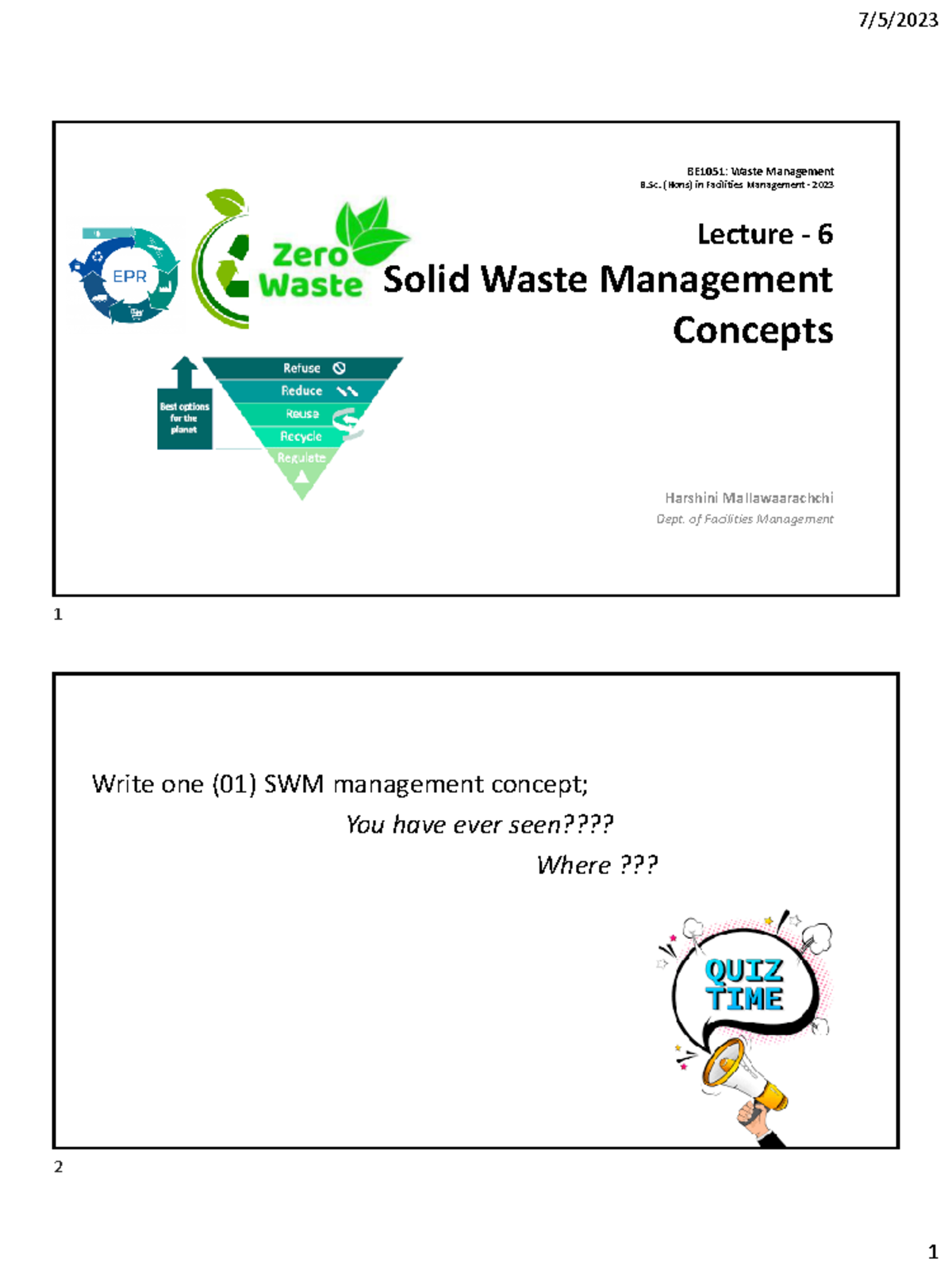 Lecture 6 - SWM concepts - BE1051: Waste Management B. (Hons) in ...