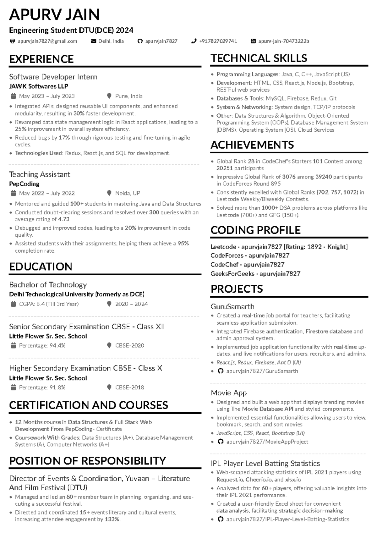 Apporv Jain Resume - Summary Btech cse 3rd year daa - APURV JAIN Engineering Student DTU(DCE ...