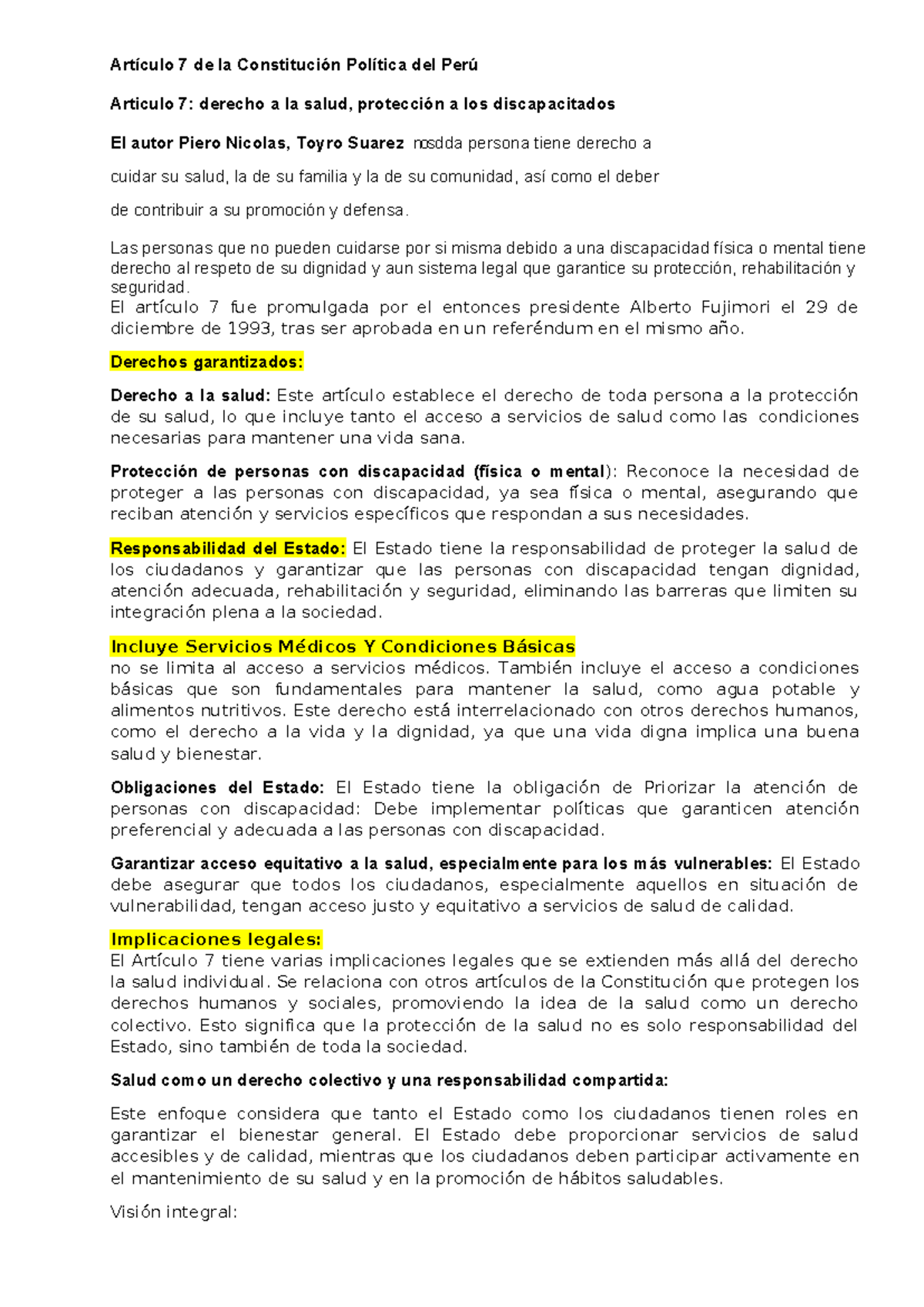 ART. 7 - APUNTES - Artículo 7 de la Constitución Política del Perú ...
