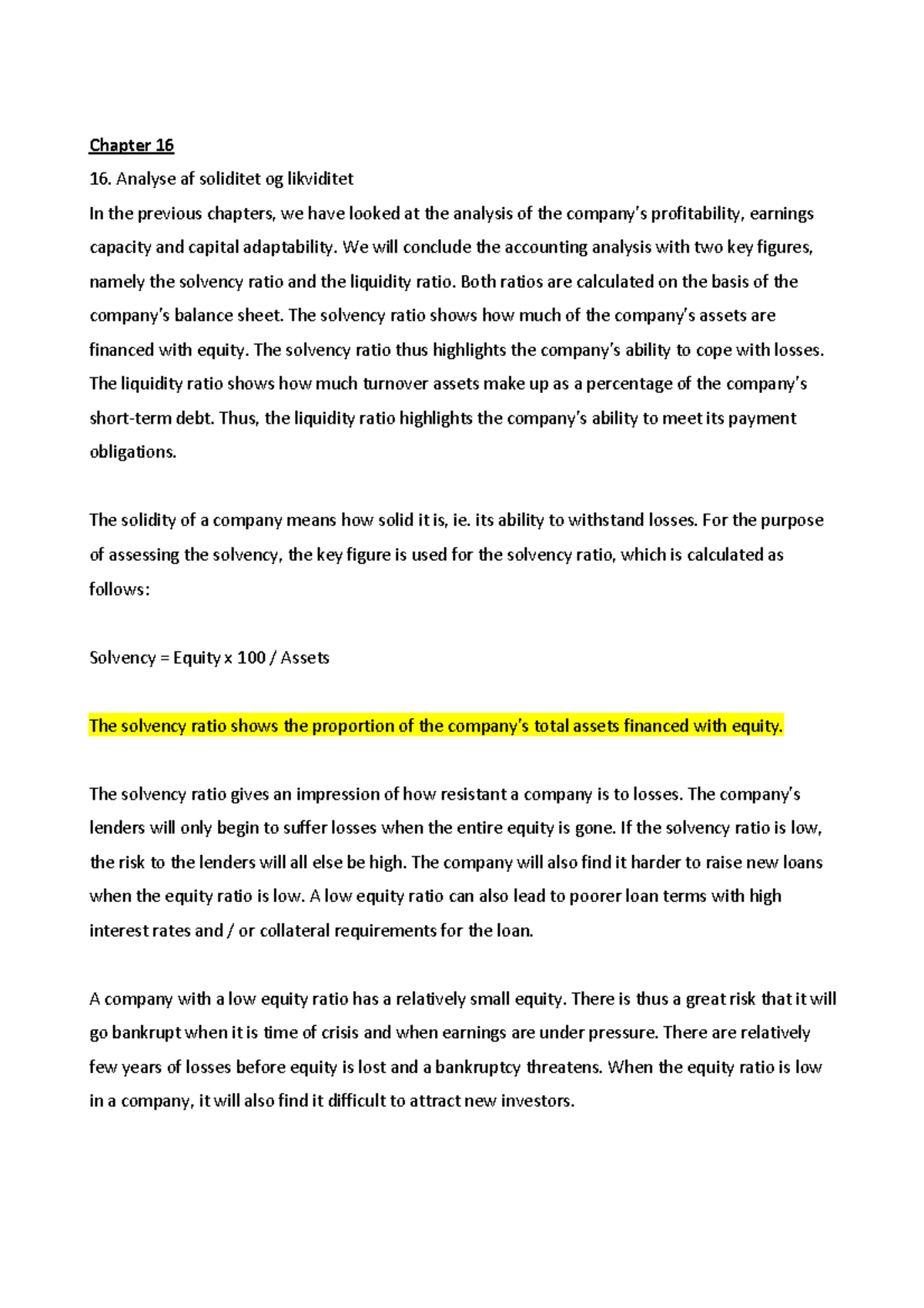 Liquidity and solvency ratios - Chapter 16 16. Analyse af soliditet og ...