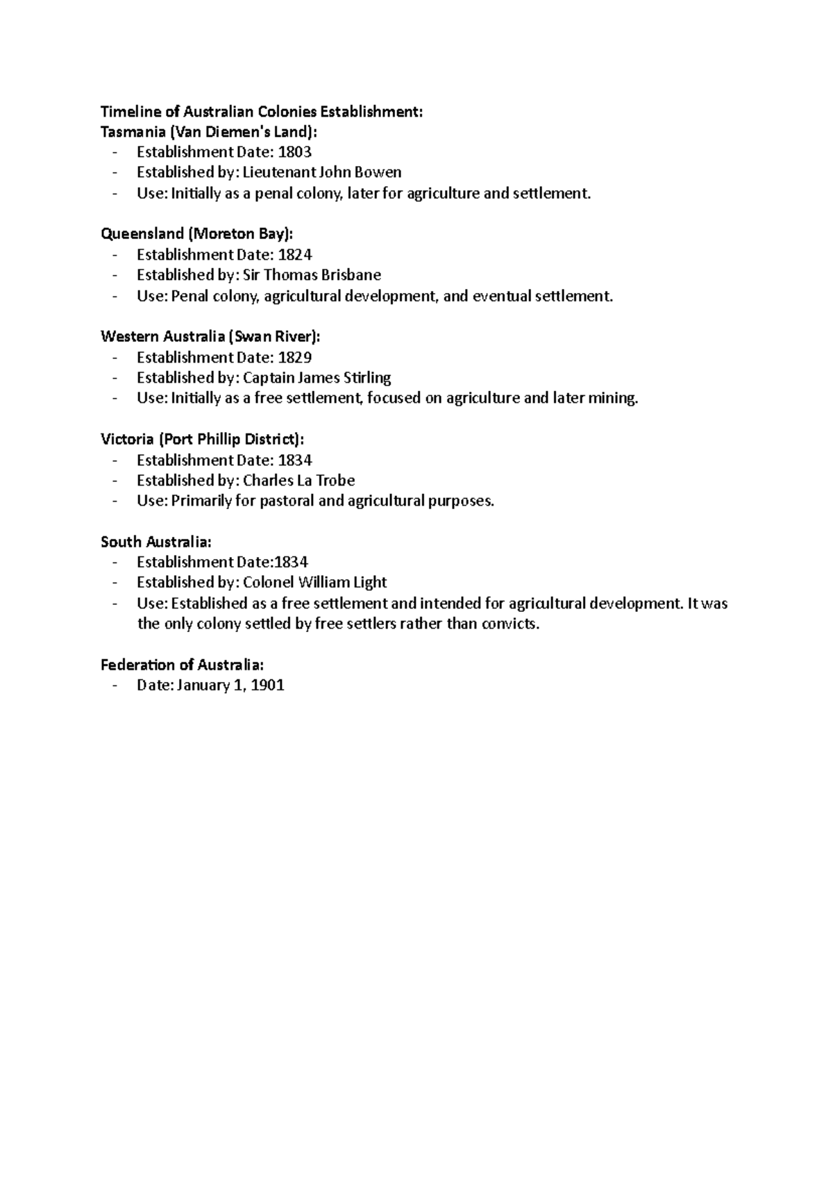 Timeline of Australian Colonies Establishment - Timeline of Australian ...