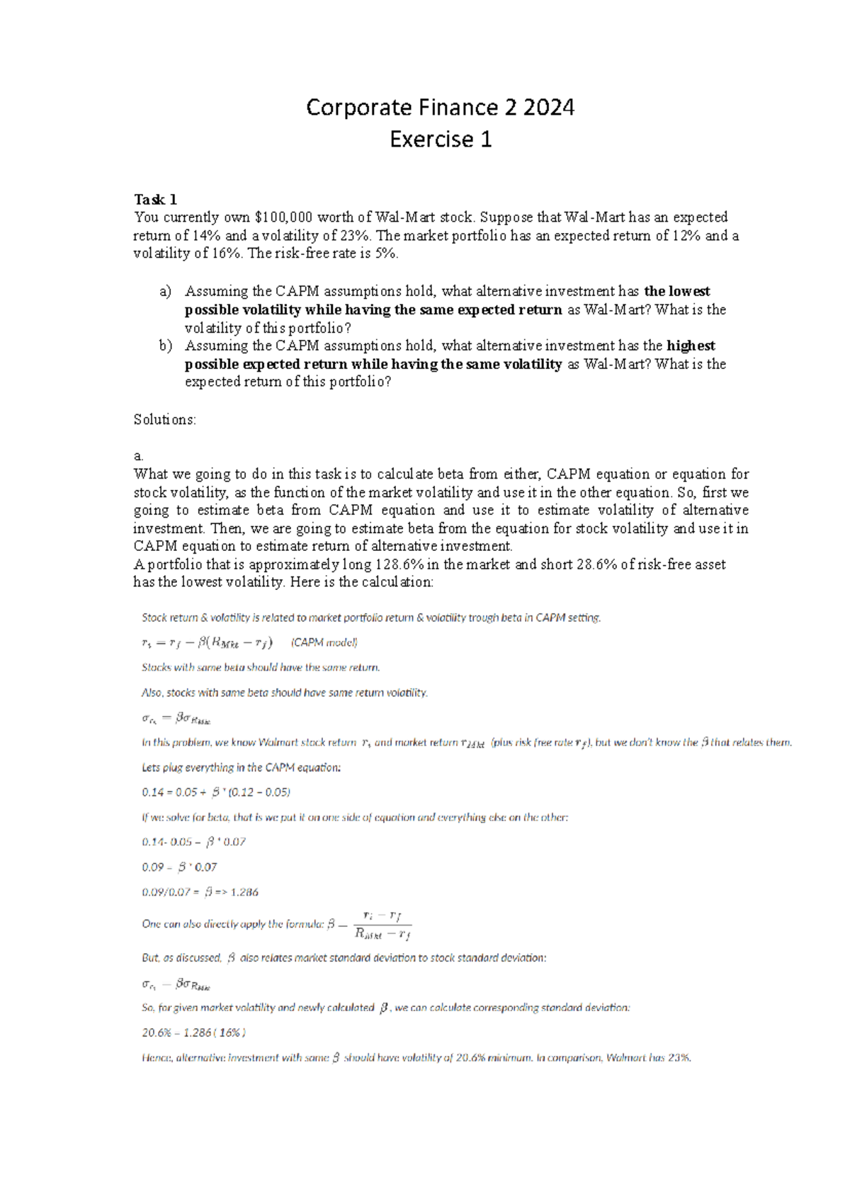 CF2 2024 Exercise 1 - Corporate Finance 2 2024 Exercise 1 Task 1 You ...