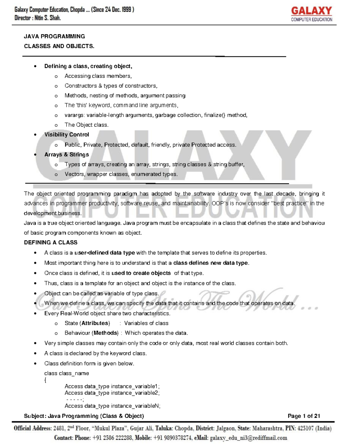 02 Classes And Objects Class And Object Java Programming Classes 1180