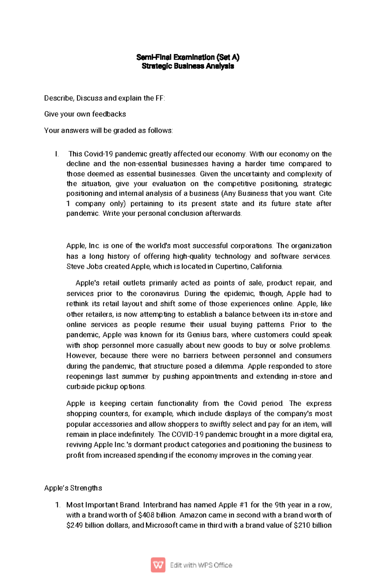 SBA Essay - Semi-Final Examination (Set A) Strategic Business Analysis ...