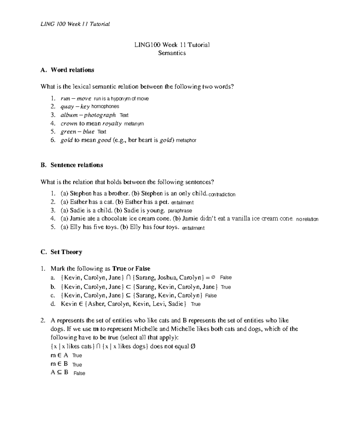 Week 11 Tutorial Handout Ling 100 Week 11 Tutorial Ling100 Week 11 Tutorial Semantics A Word