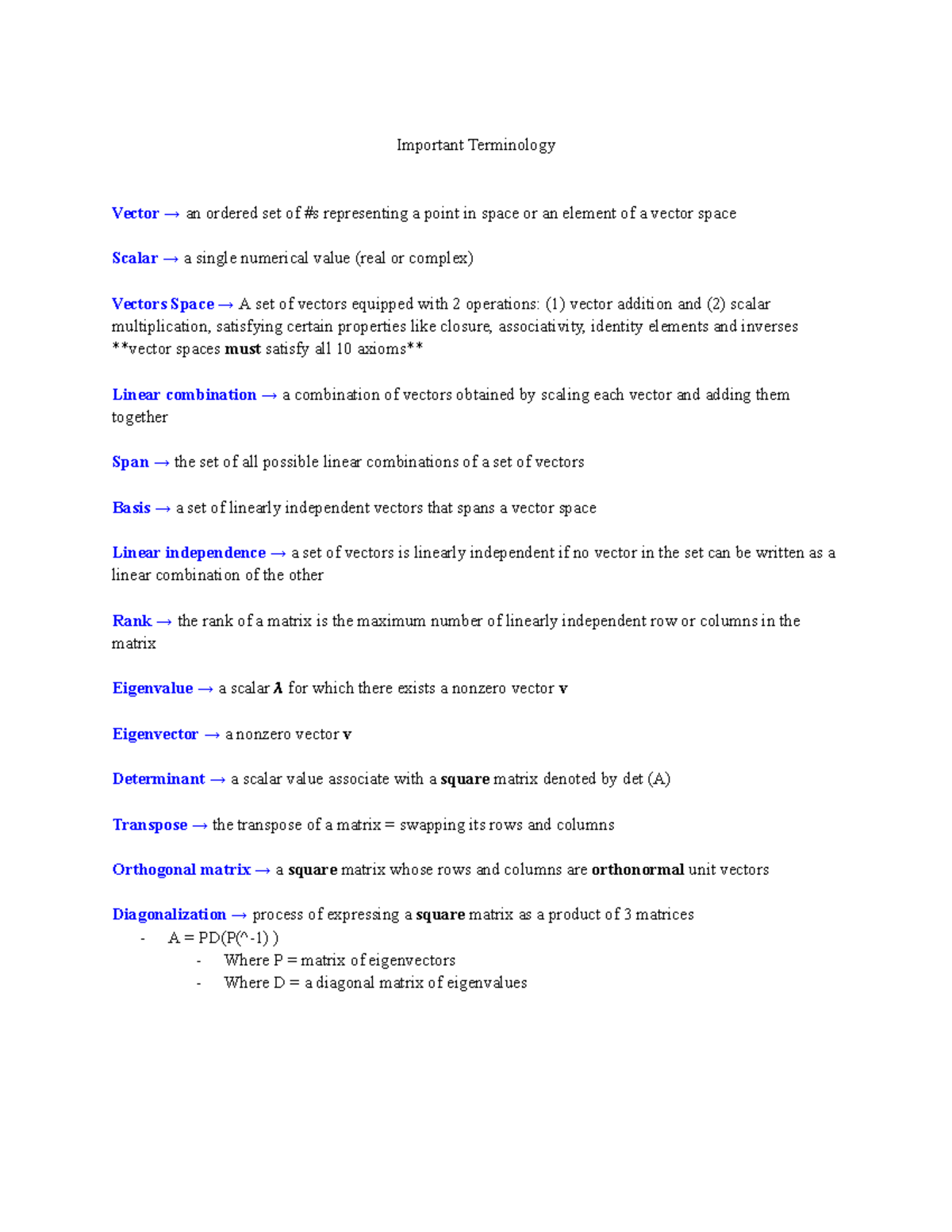 MATH 204 - Linear Algebra Final Rundown - Important Terminology Vector ...