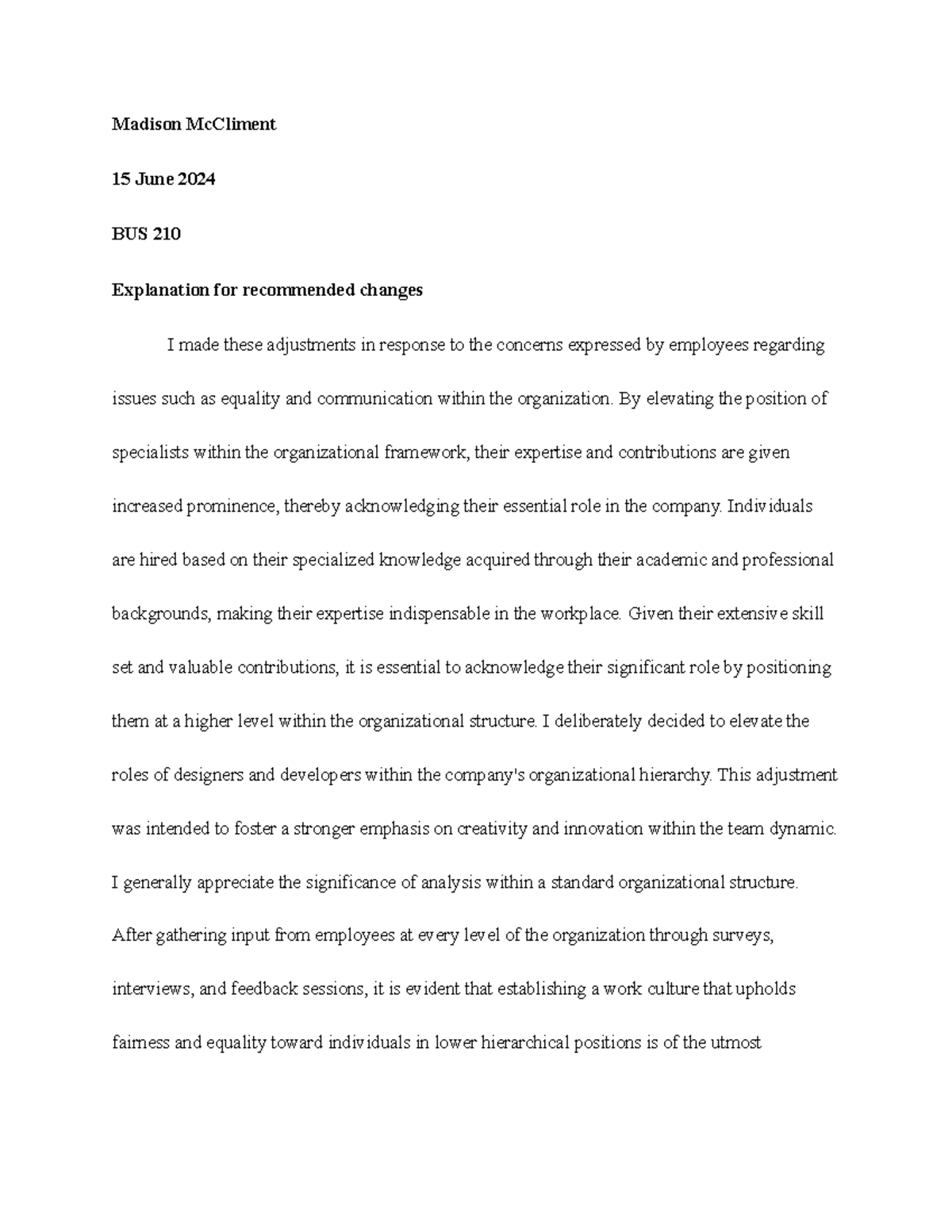 BUS 210 Module 6 Assignment - Madison McCliment 15 June 2024 BUS 210 ...