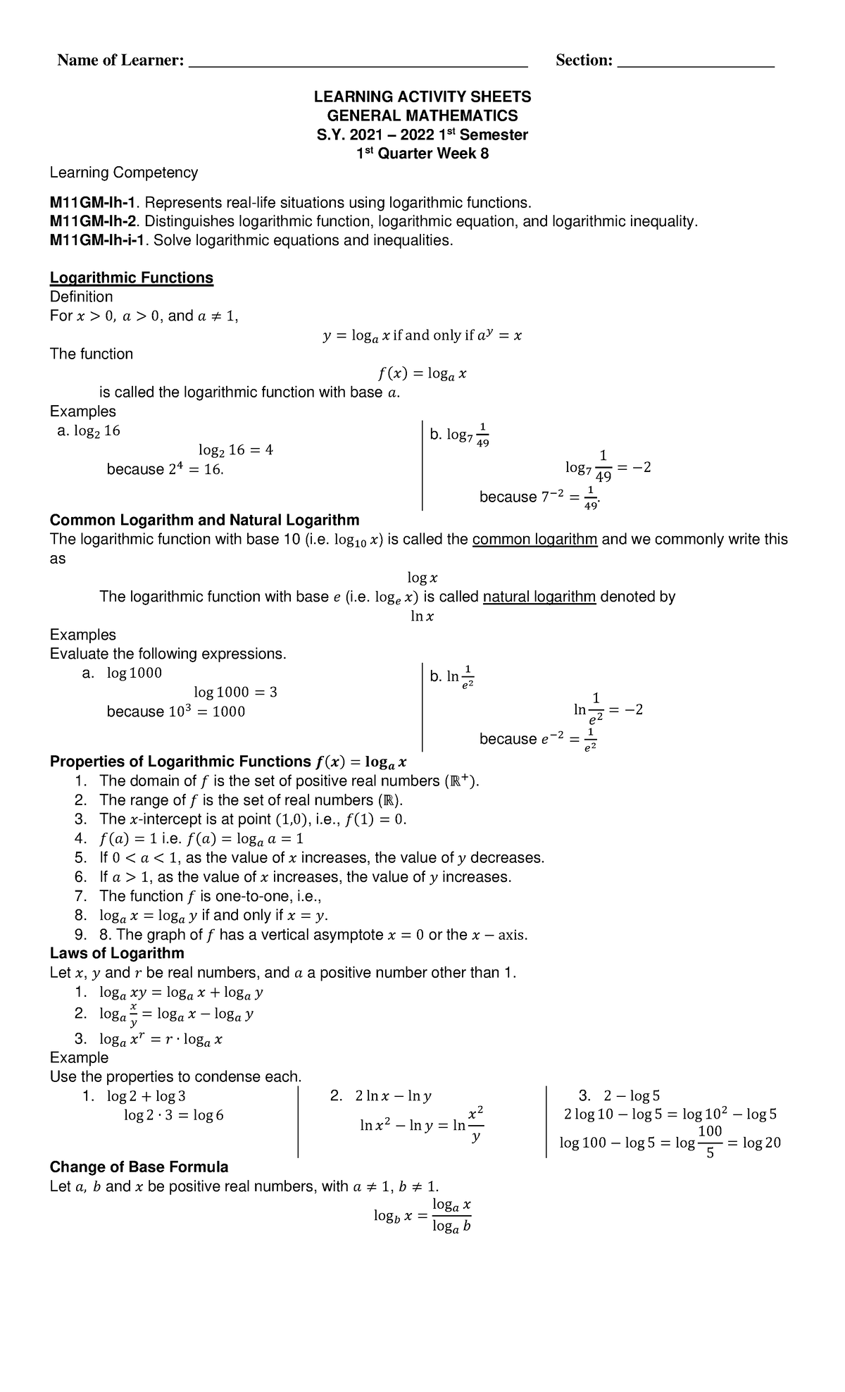 Lesson 8 general mathematics sy 2021 - 2022 - Name of Learner: - Studocu